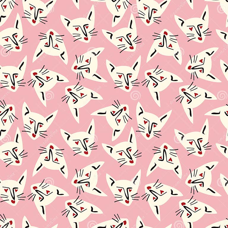 Pattern with Kitty with a Lovely Face. Freaky Comic Cat Face Stock ...