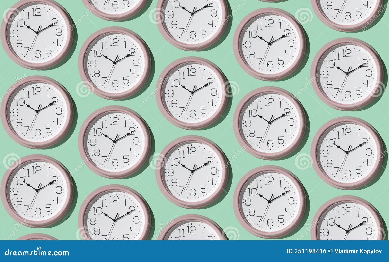 A Pattern of a Large Number of Large Wall Clocks on a Light Background ...