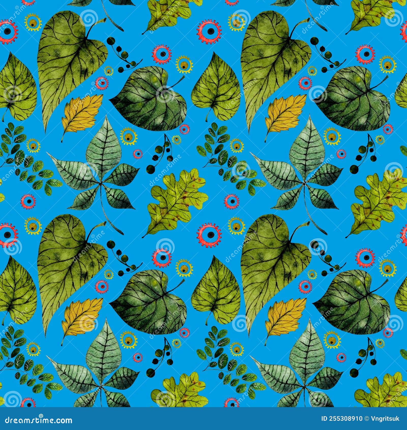 Pattern of Leaves on a Blue . Illustration. Watercolor. Stock ...