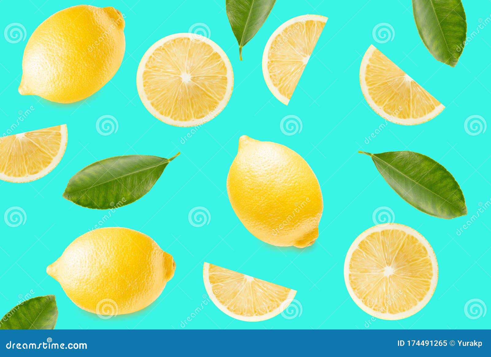 Pattern with Lemon Slices and Leaves on a Light Blue Background Stock ...
