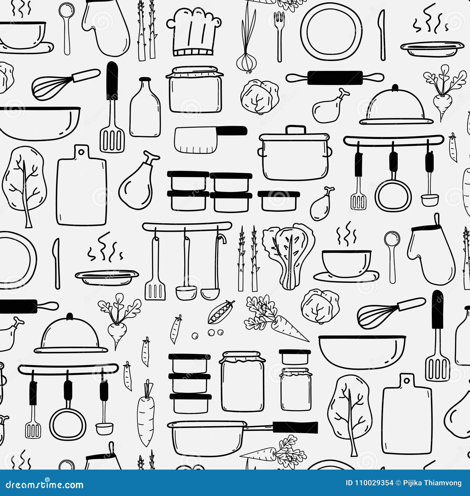 Pattern with Line Hand Drawn Doodle Vector Cooking Set Include Cooking ...