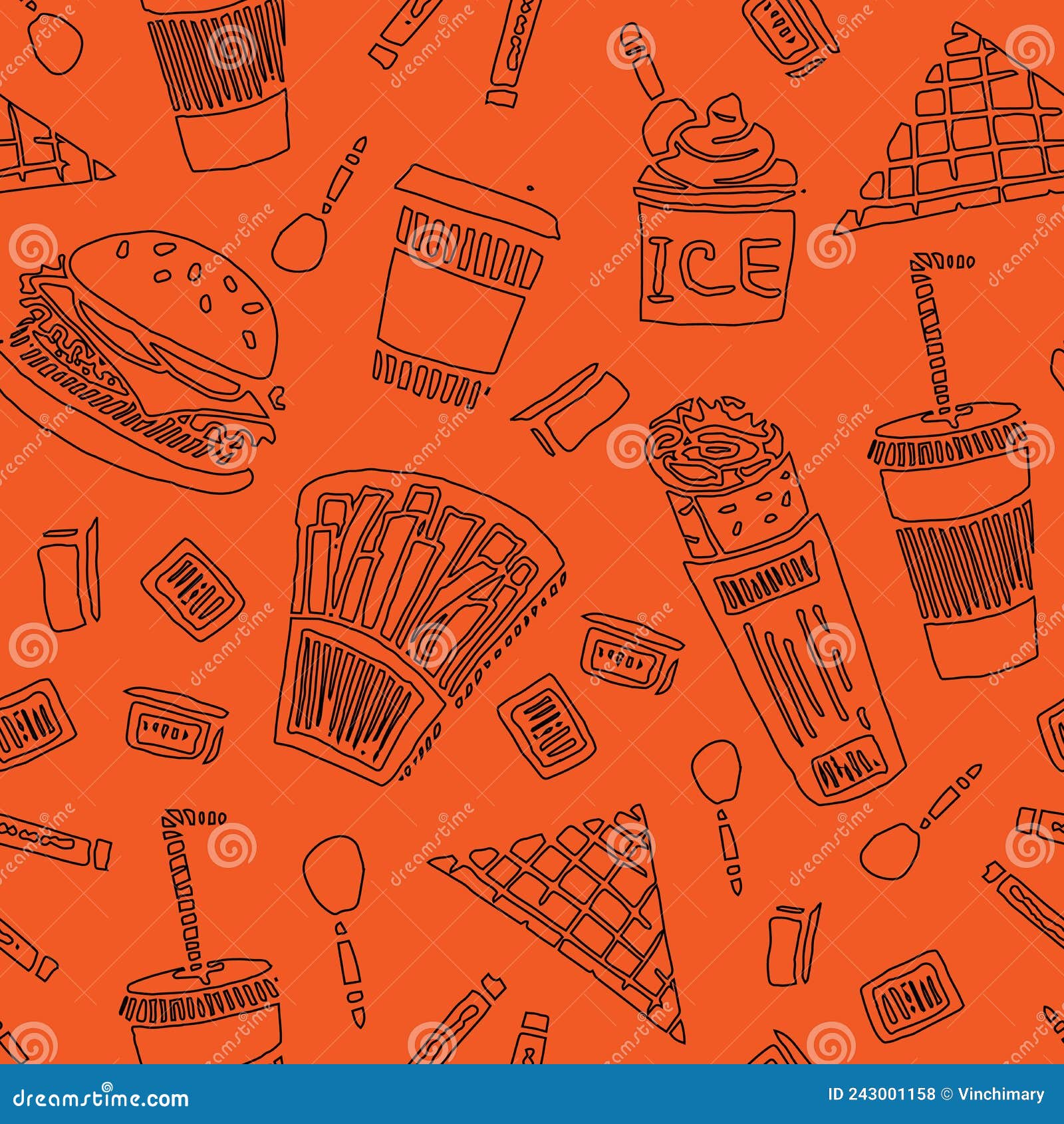 Pattern of Linear Fast Food Illustration with Orange Background Stock ...