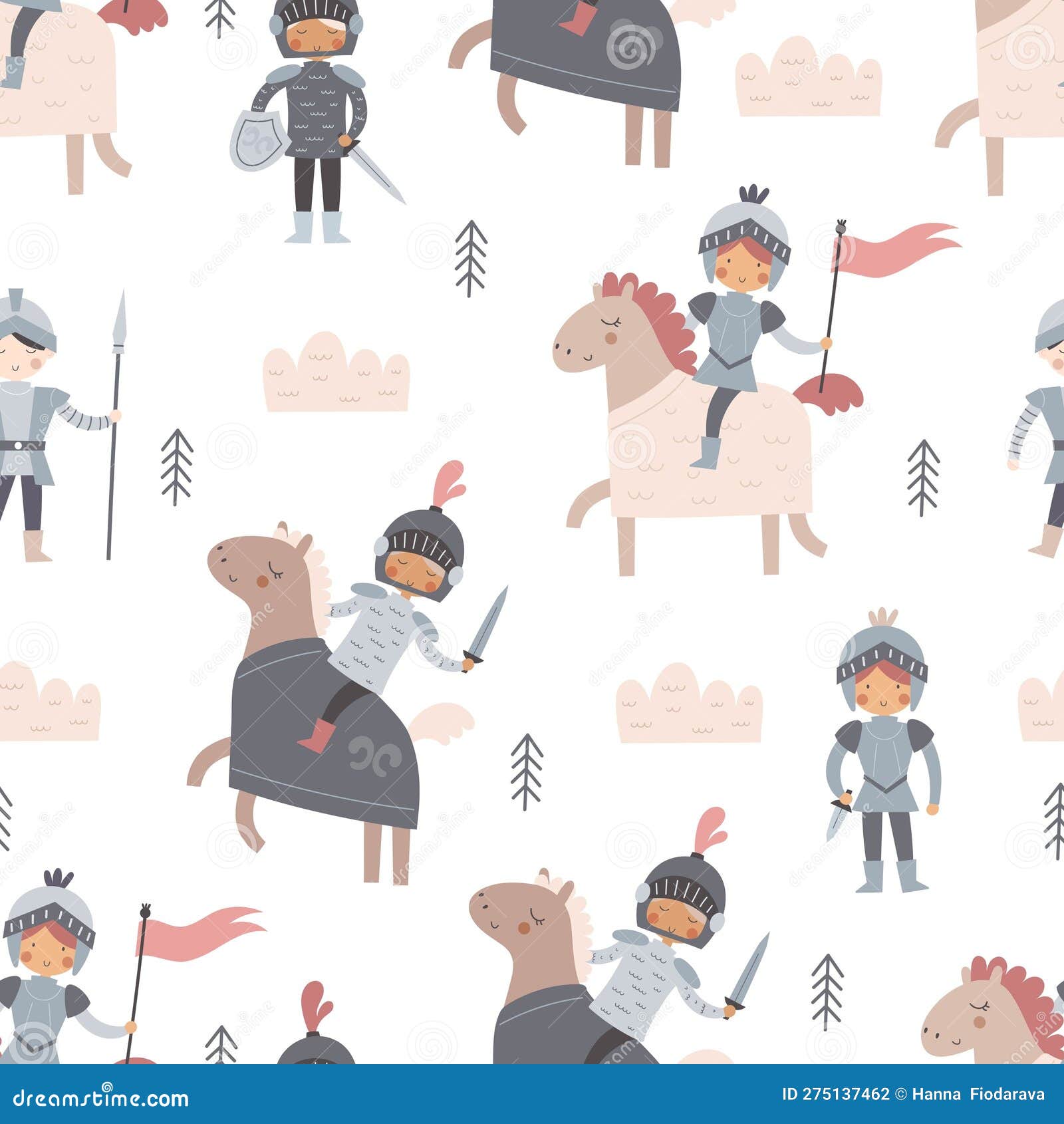 Seamless Pattern with Cartoon Knights, Decorative Elements. Flat Style ...
