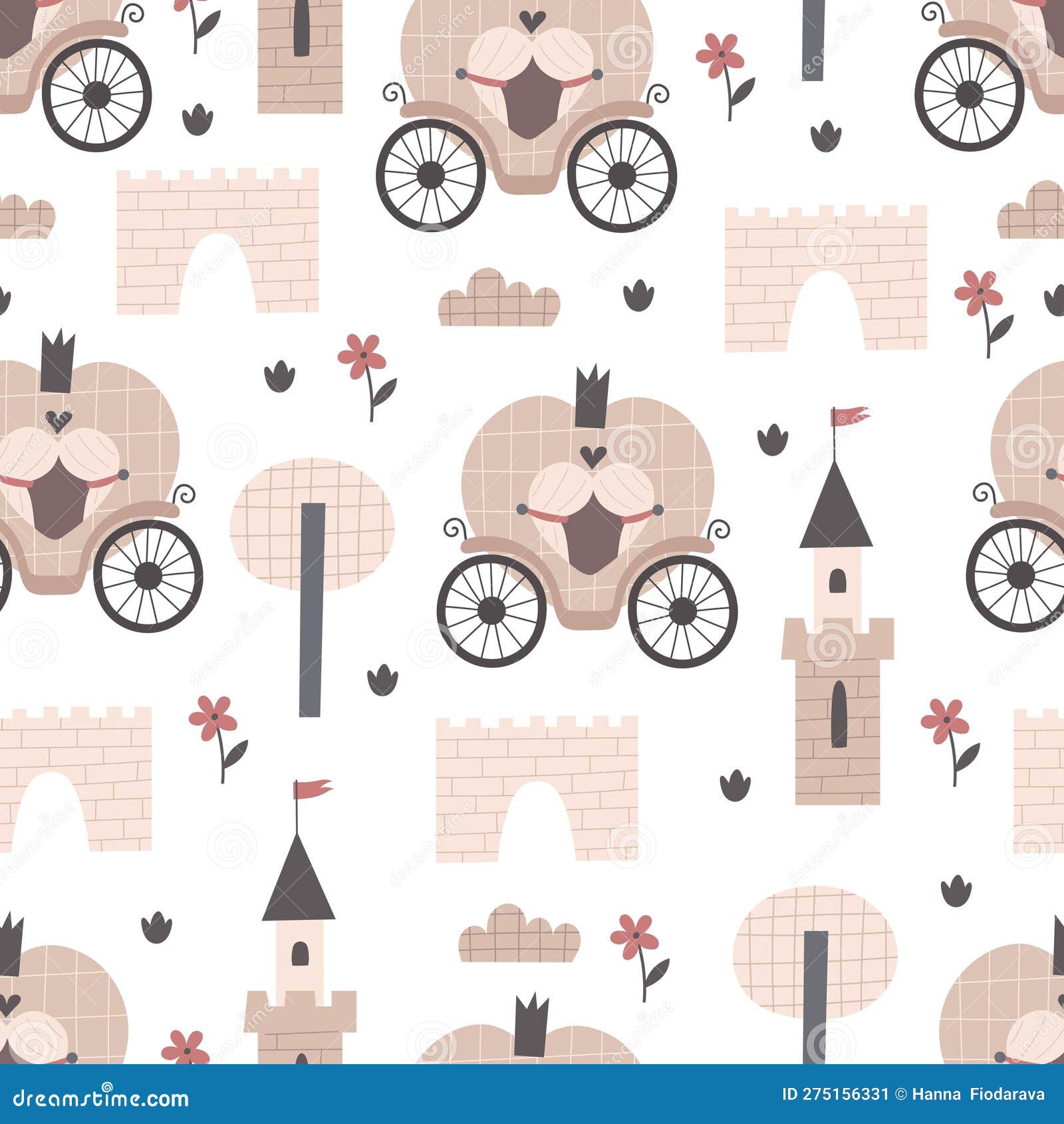 Seamless Pattern with Cartoon Coach, Castle, Decorative Elements. Flat ...