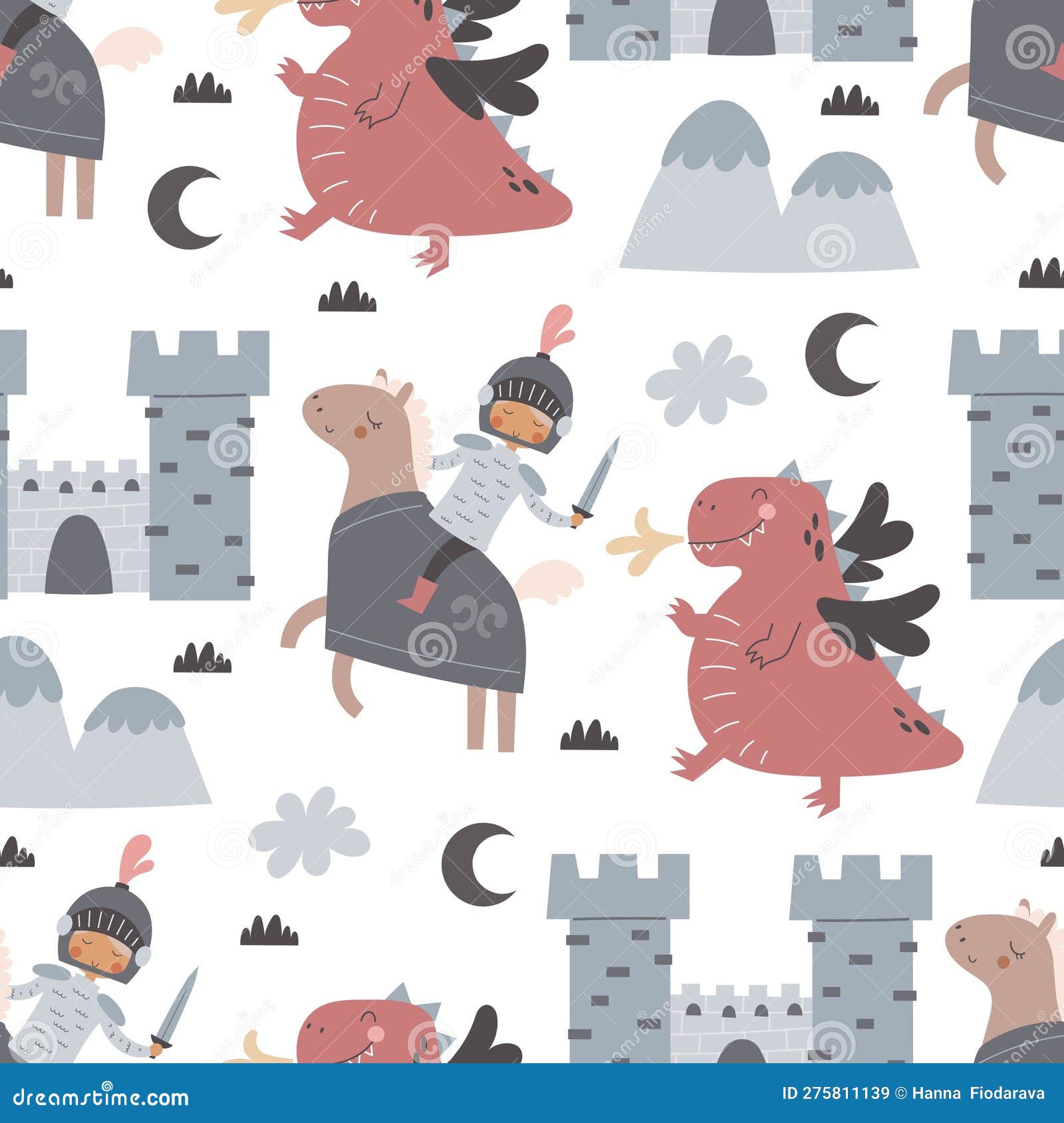 Seamless Pattern with Cartoon Knights, Decorative Elements. Flat Style ...
