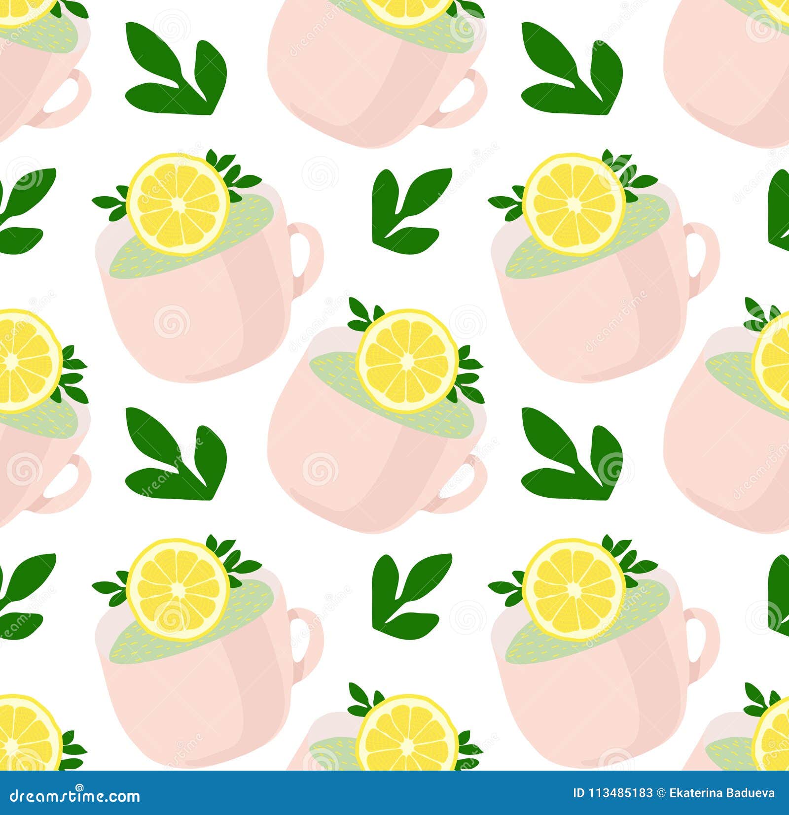 Pattern of Lovely Tea Mugs with Lemon and Green Leaves. Refreshing Tea ...