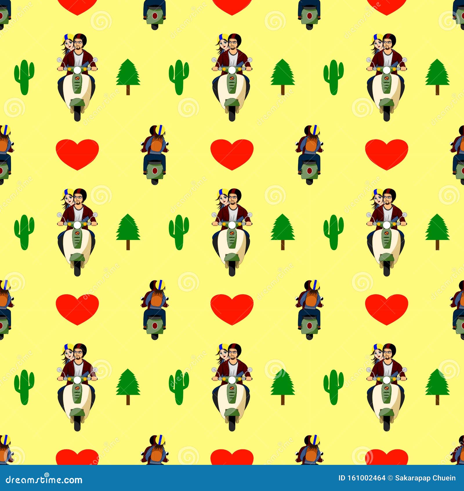 Pattern, Lovers Riding a Motorcycle and Having a Heart and a Yellow ...