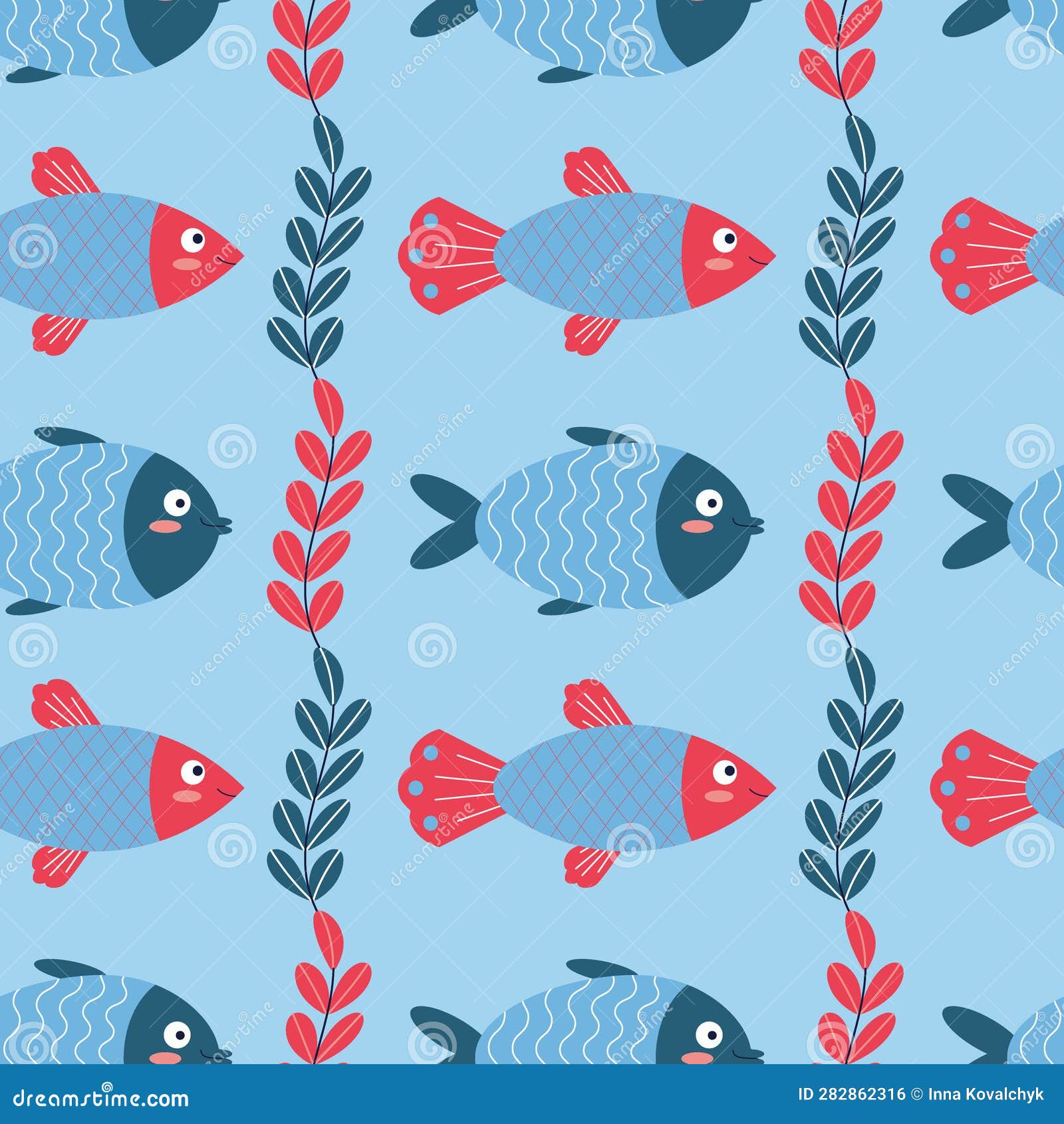 Pattern on a Marine Theme with Fish, Seaweed, Ornament Stock Vector - Illustration of wallpaper ...