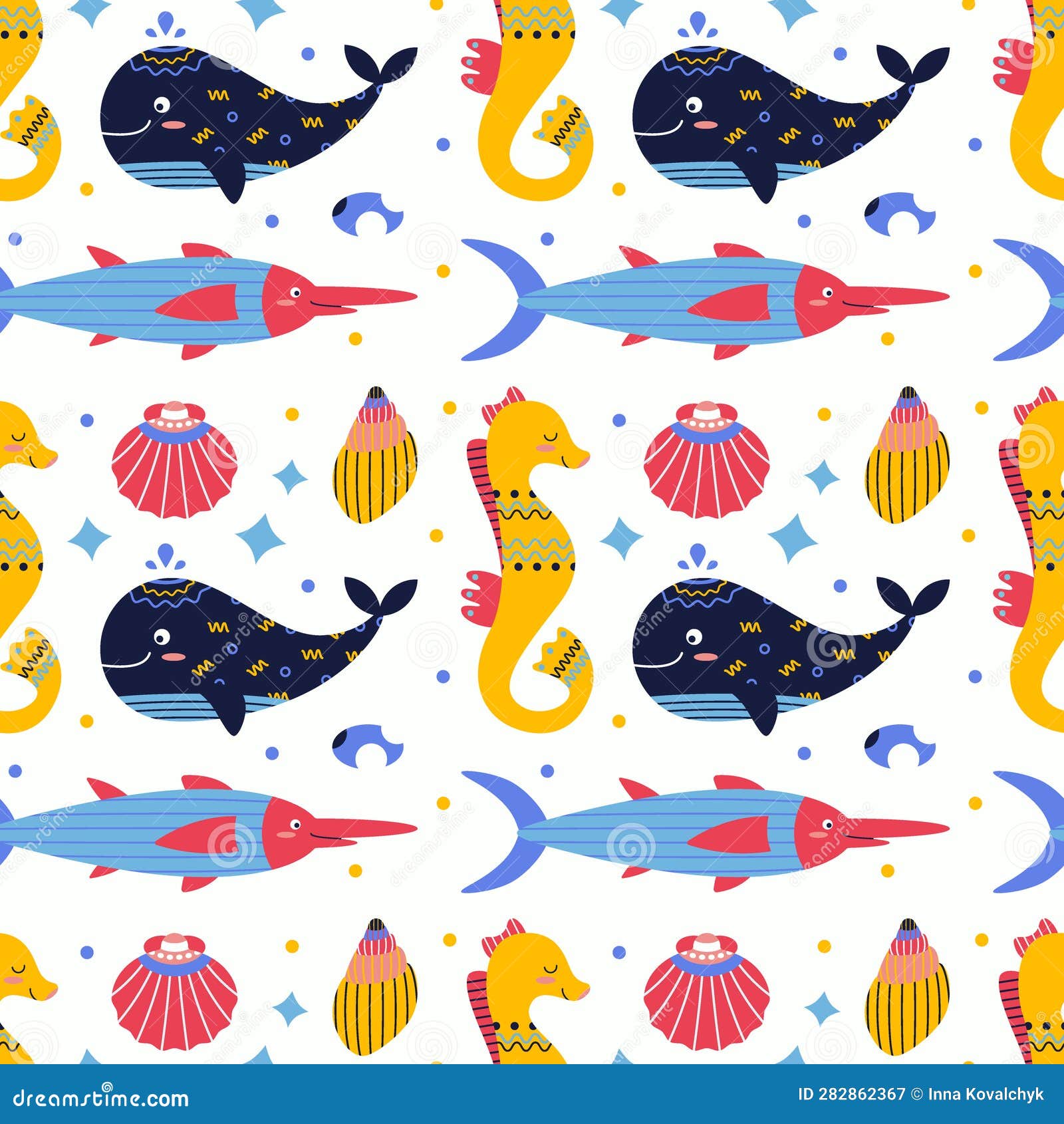 Pattern on a Marine Theme with Fish, Shell, Rocks, Seahorse, Whale ...
