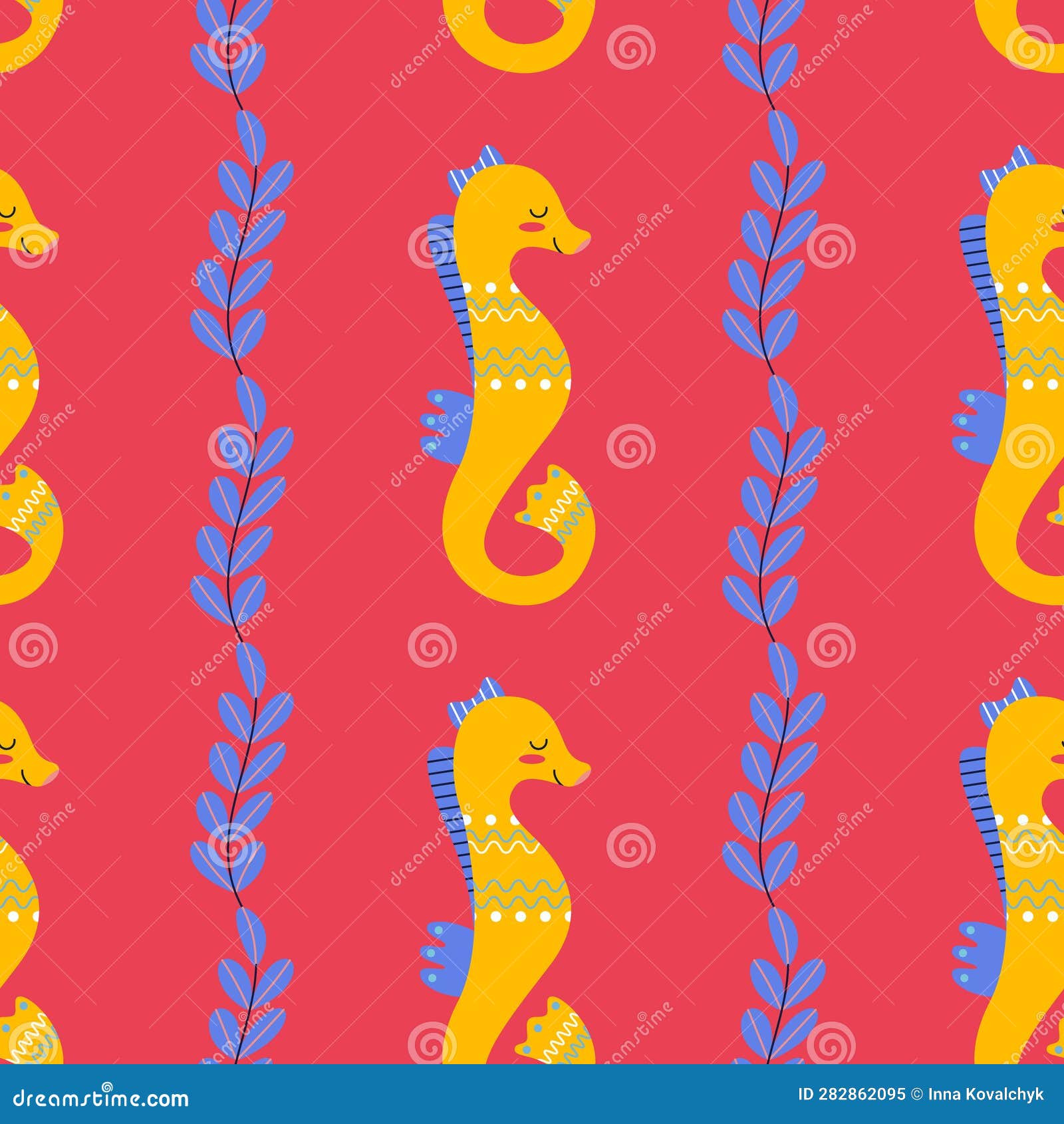 Pattern on a Marine Theme with Seaweed, Seahorse, Ornament Stock Vector - Illustration of ocean ...