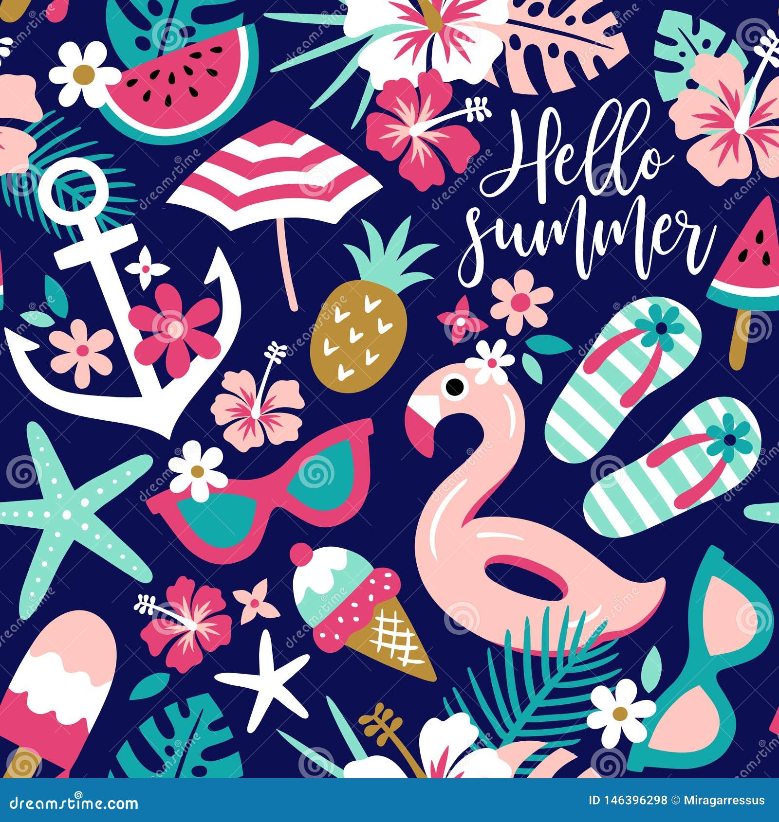 Summer Themed Seamless Pattern with Tropical Flowers and Beach ...