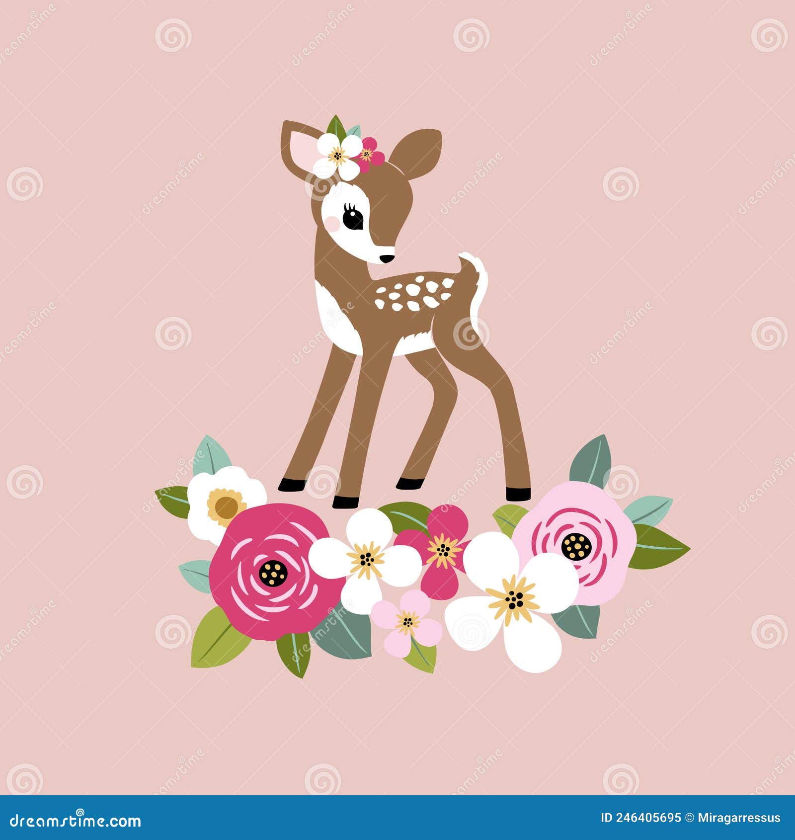 Cute Vintage Fawn on Pink Floral Background. Stock Vector ...