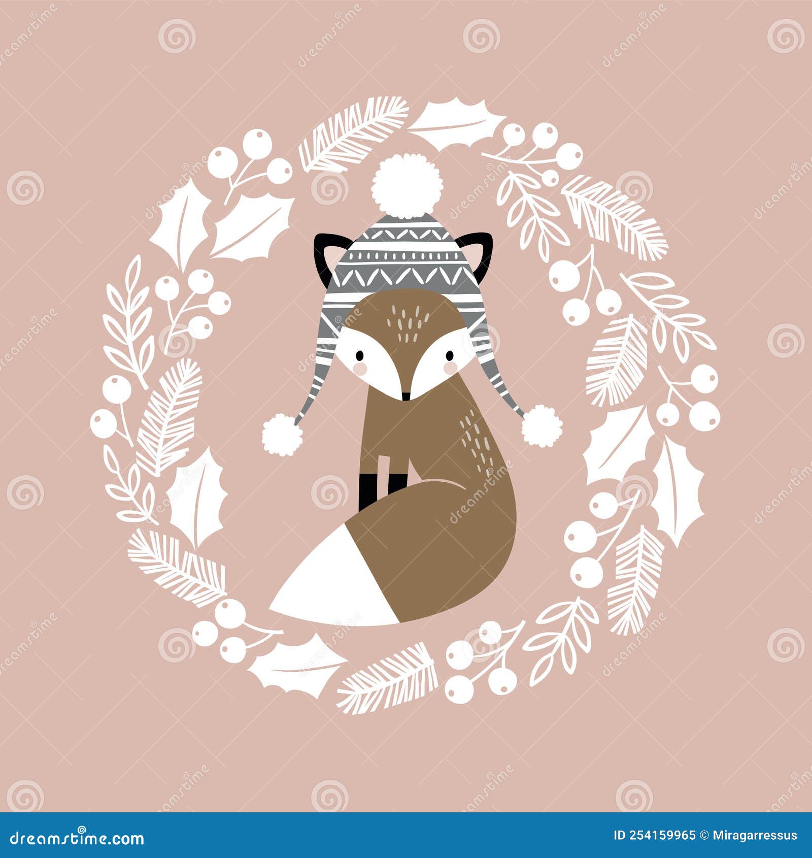 Cute Hand Drawn Fox and Rabbit in Winter Wreath. Stock Vector ...