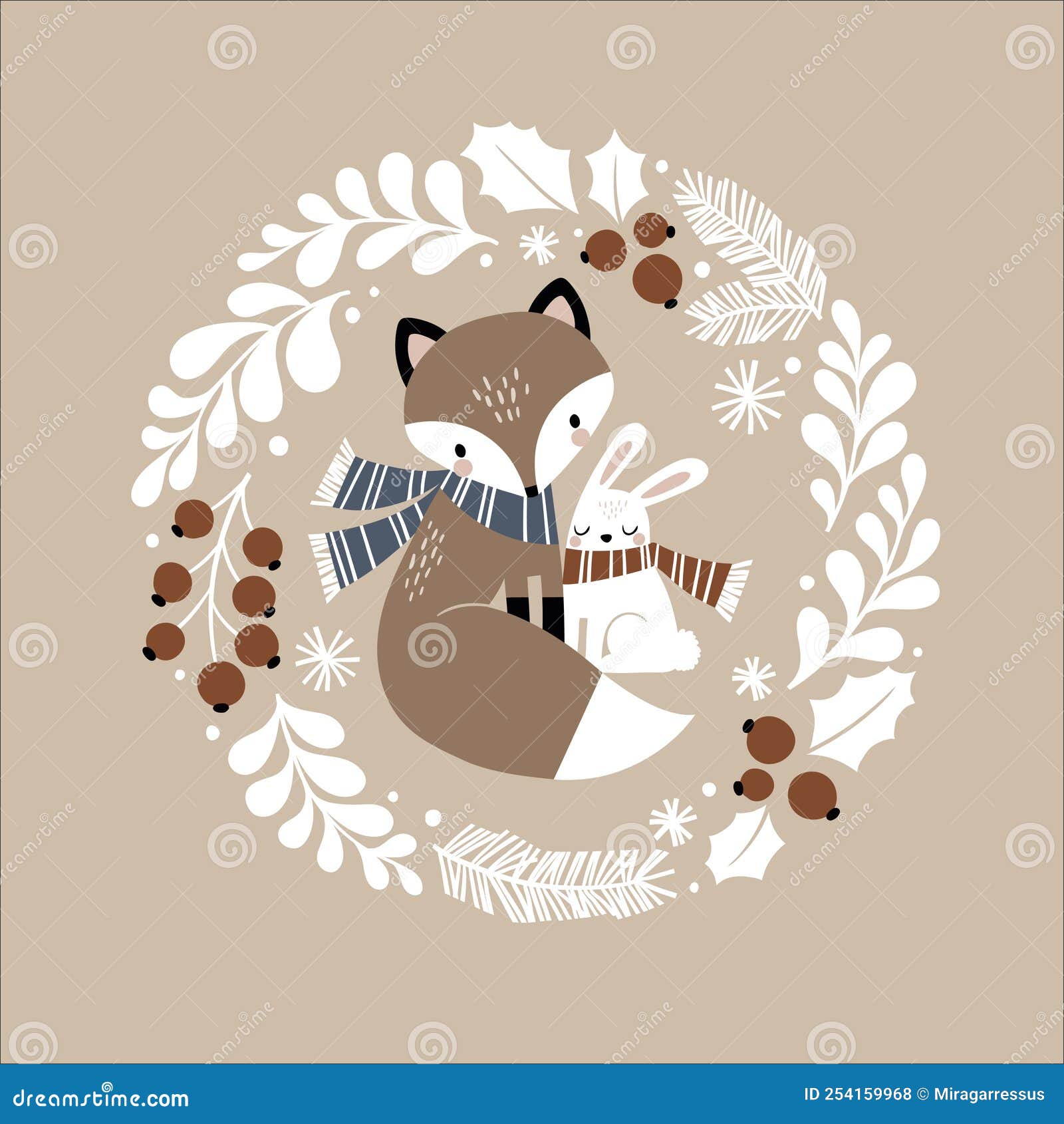 Cute Hand Drawn Fox and Rabbit in Winter Wreath. Stock Vector ...