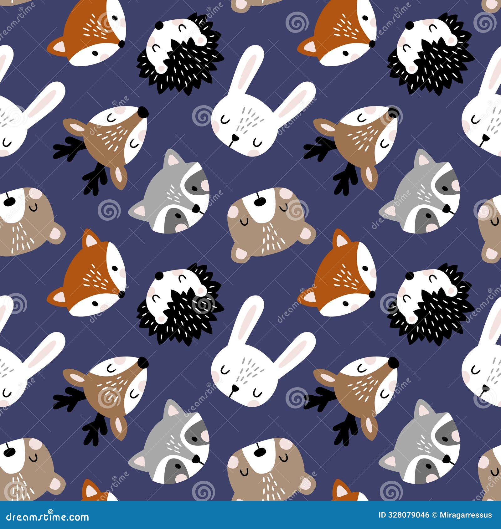 Seamless Vector Pattern with Woodland Animal Heads. Hand Drawn ...