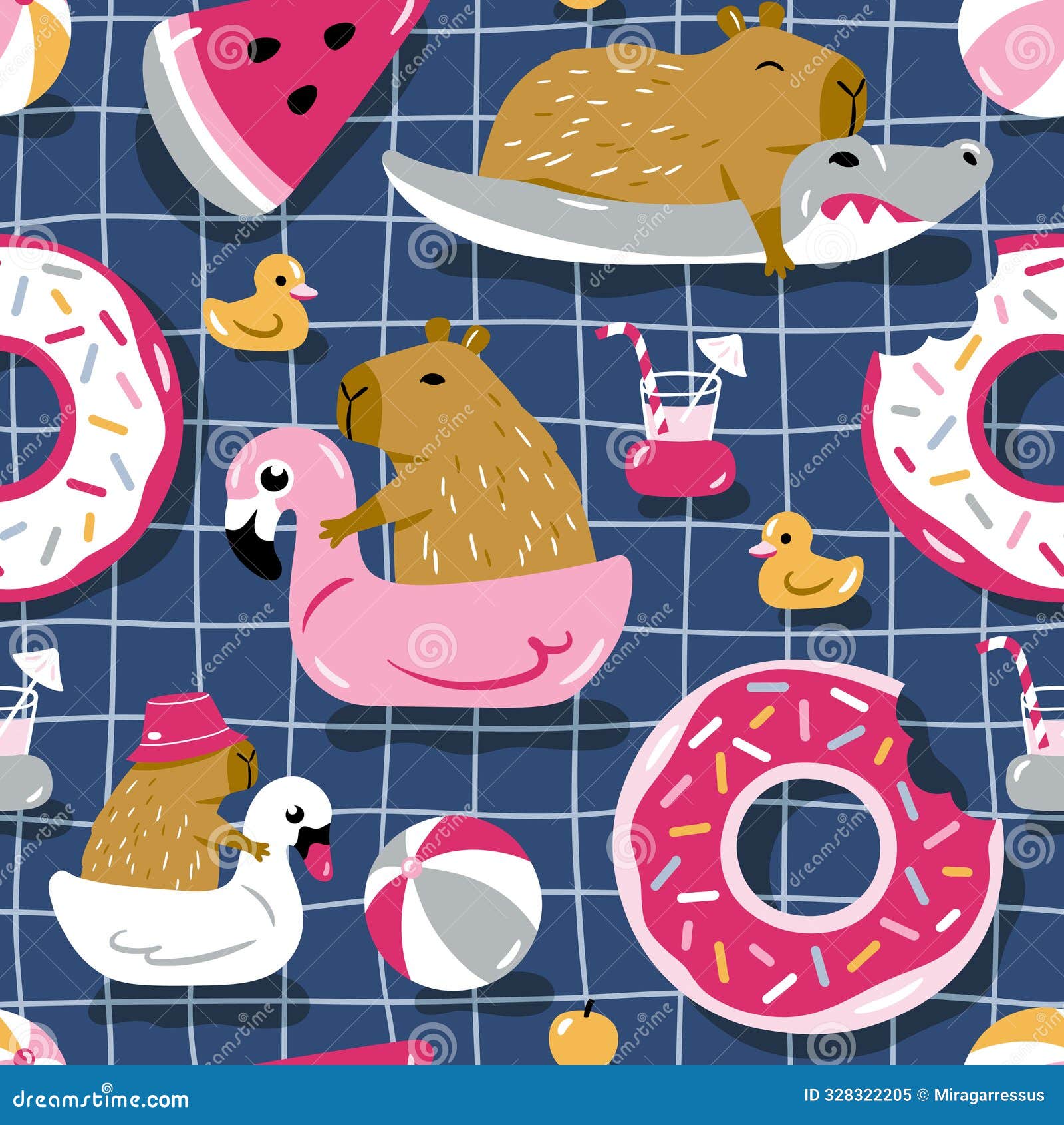Seamless Vector Pattern with Cute Capybaras on Pool Floats. Hand Drawn ...