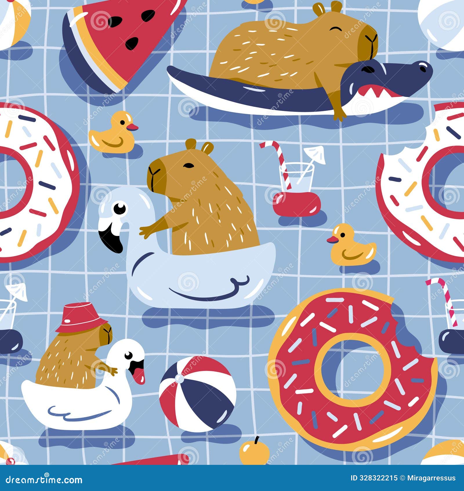 Seamless Vector Pattern with Cute Capybaras on Pool Floats. Hand Drawn ...