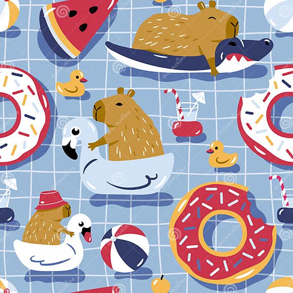 Seamless Vector Pattern with Cute Capybaras on Pool Floats. Hand Drawn ...