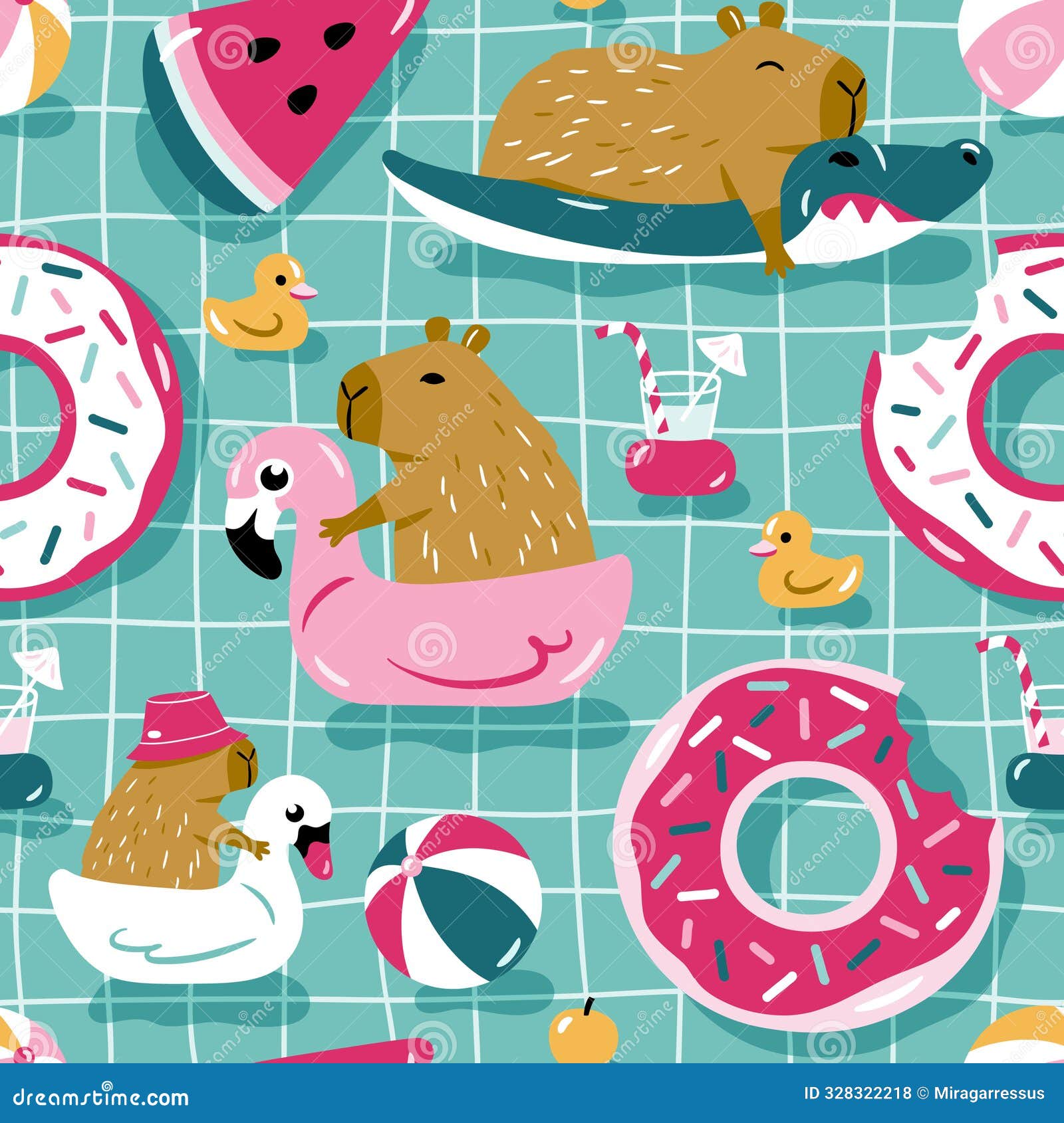 Seamless Vector Pattern with Cute Capybaras on Pool Floats. Hand Drawn ...