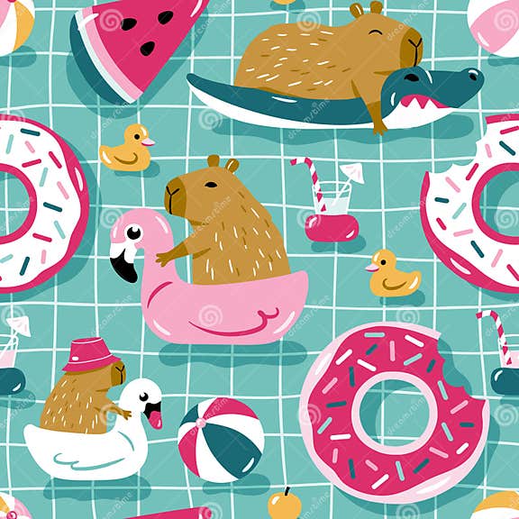 Seamless Vector Pattern with Cute Capybaras on Pool Floats. Hand Drawn ...