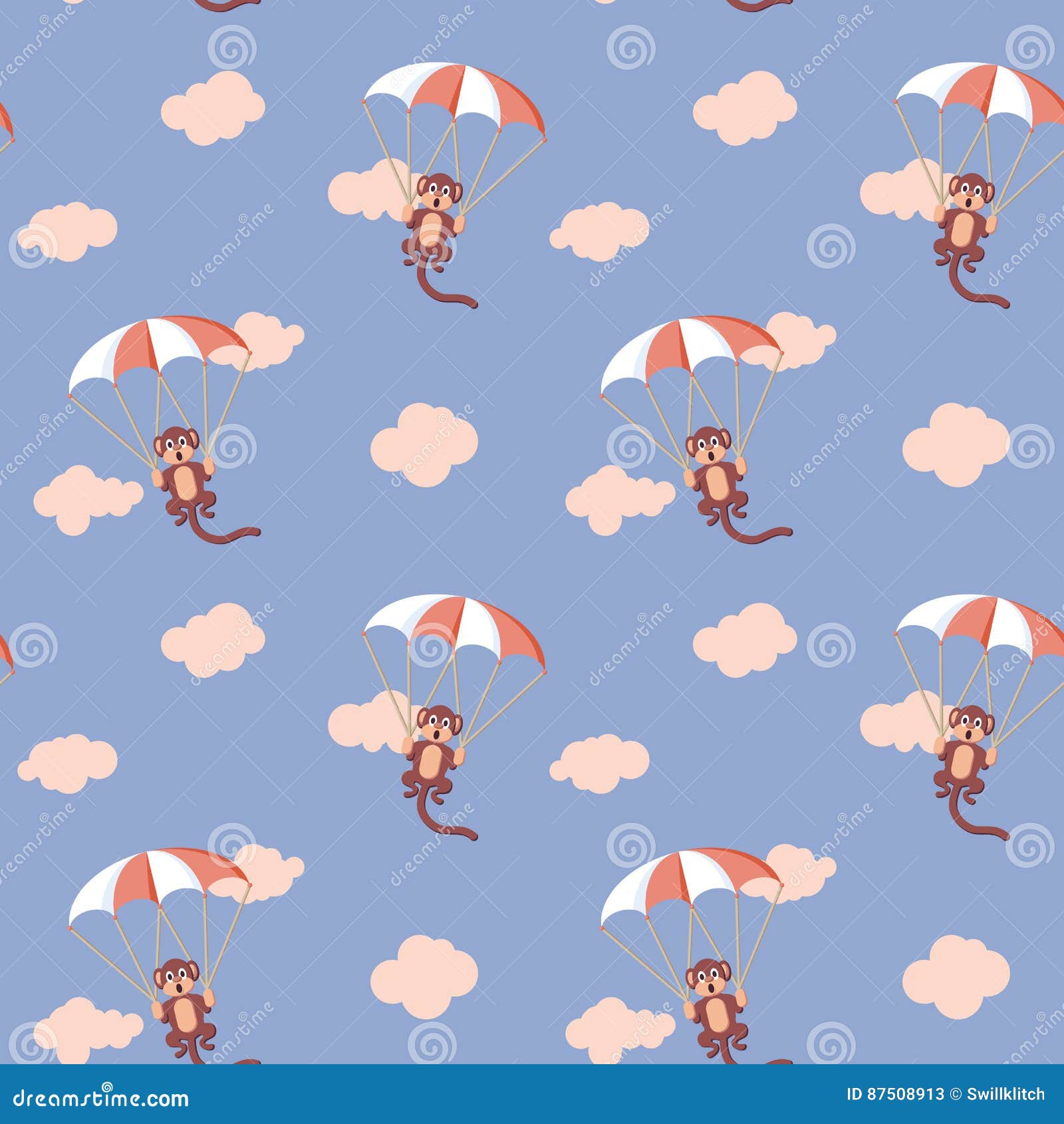 Pattern of Monkeys with Parachute. Rose Quartz and Serenity Colo Stock ...