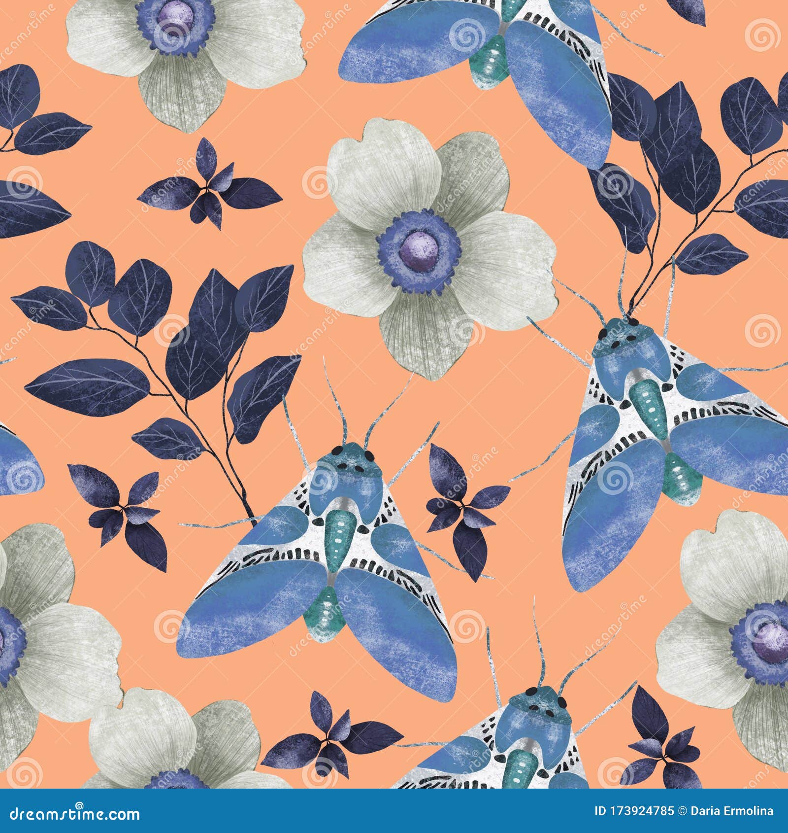 Pattern with Moths and Herbs Stock Image - Image of blossom, fabric ...