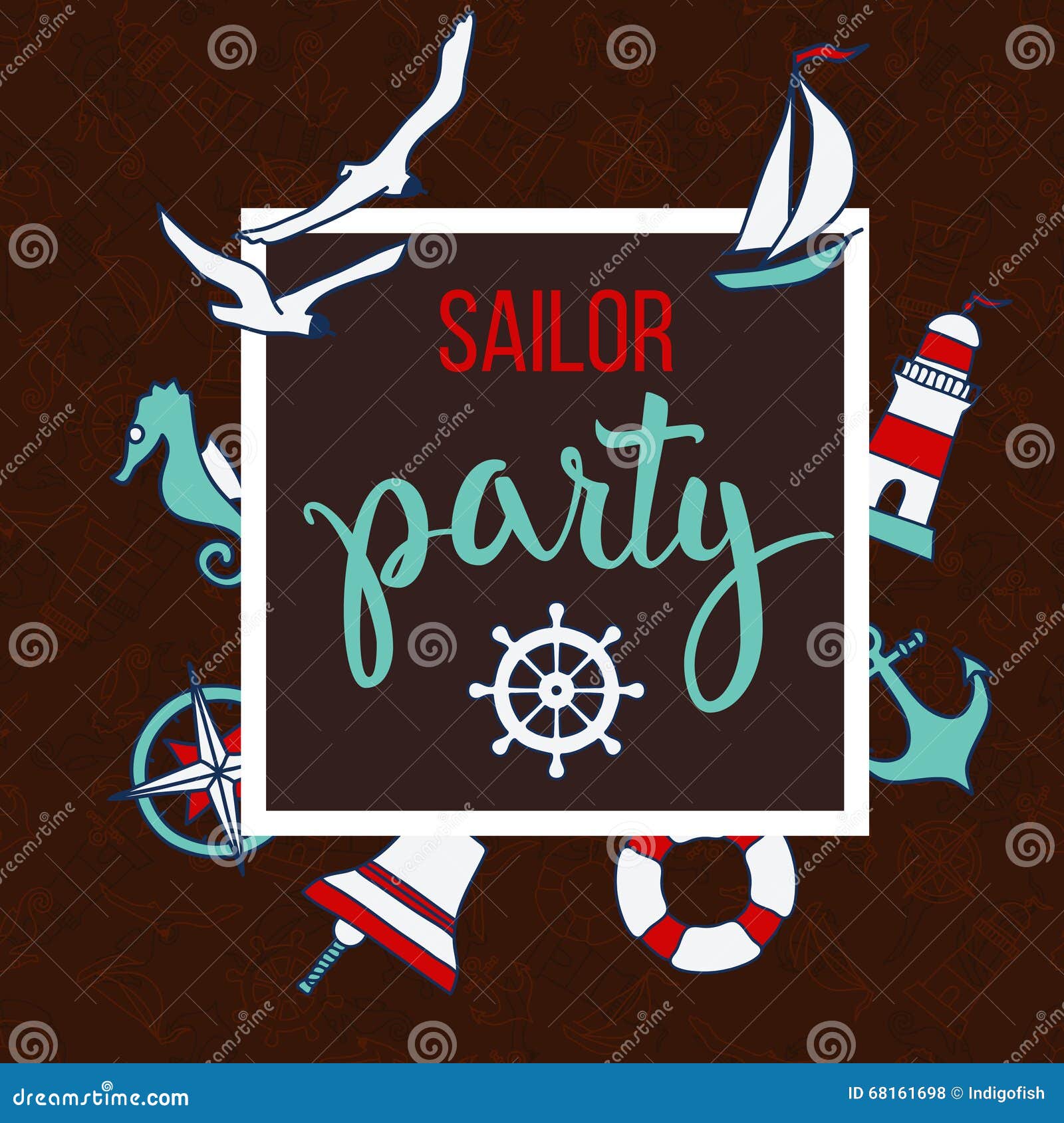 Pattern with Nautical Elements and Text Sailor Party Stock Vector ...