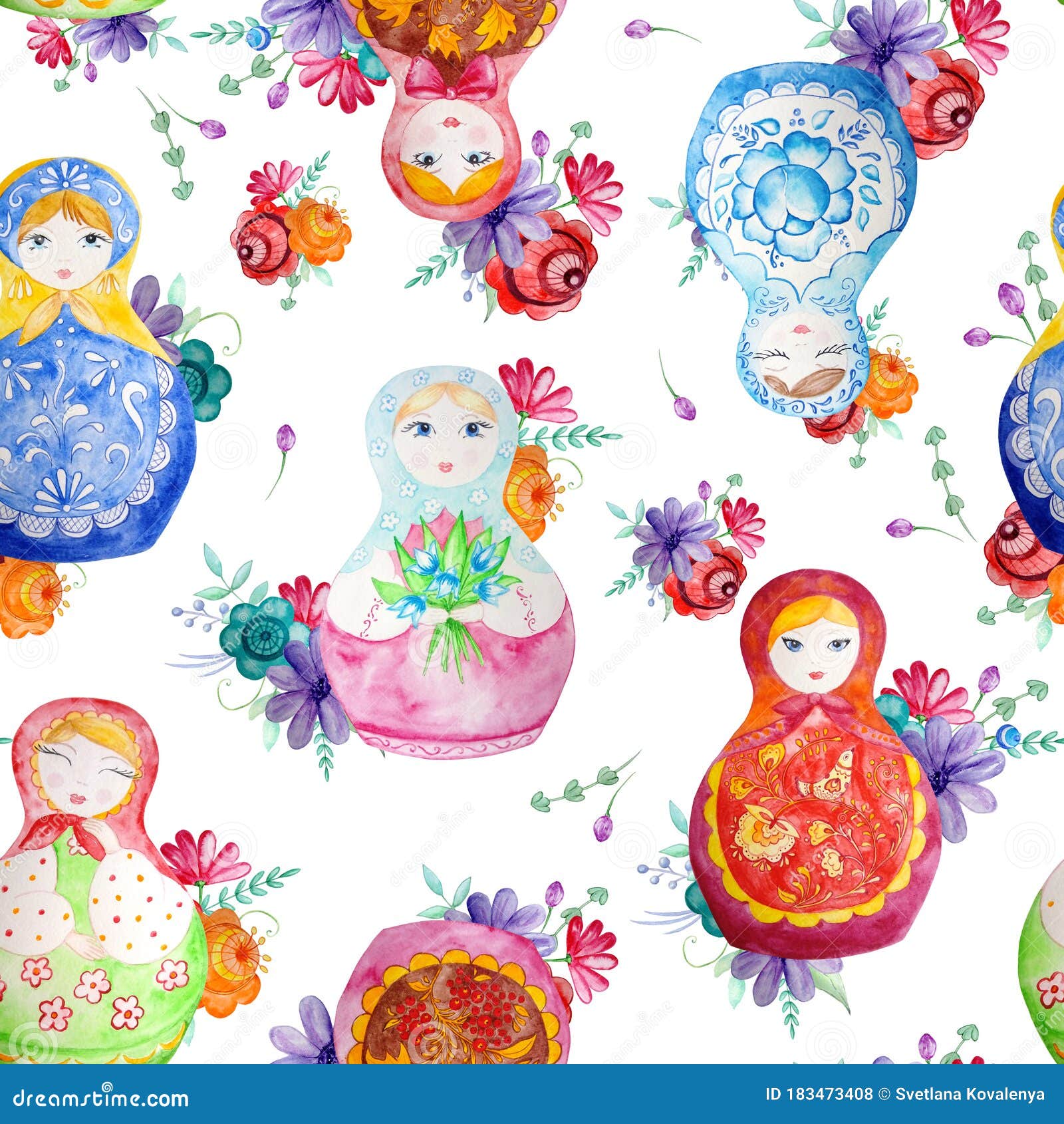 Pattern of Nesting Dolls and Flowers on a White Background Stock ...
