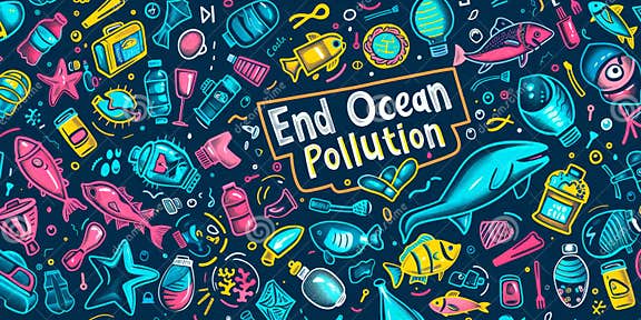 Pattern with Ocean Plastic Pollution Icons and End Ocean Pollution ...