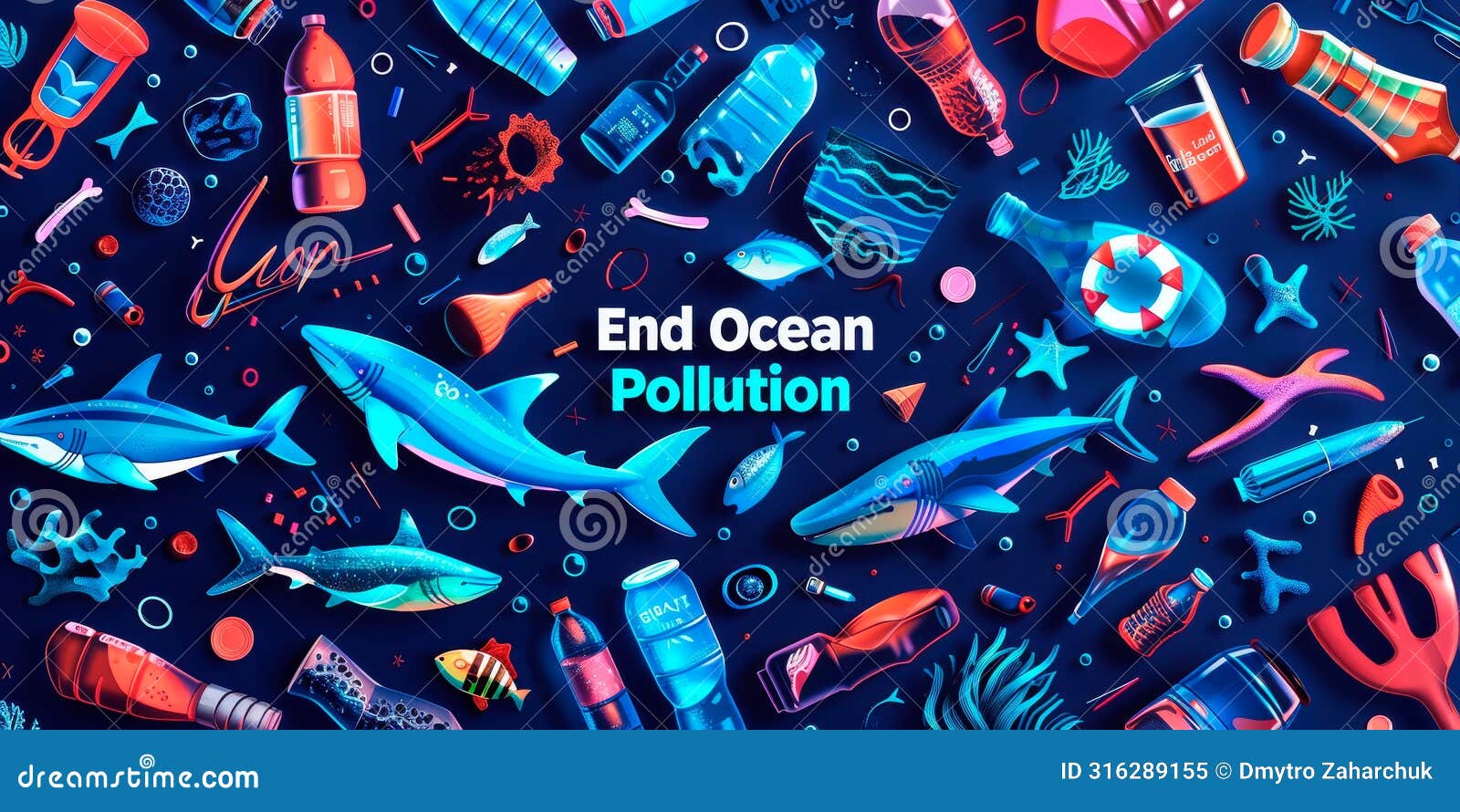 Pattern with Ocean Plastic Pollution Icons and End Ocean Pollution ...