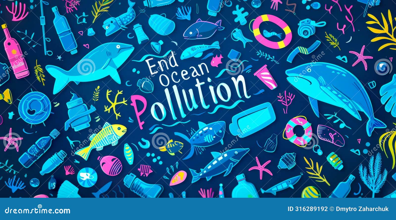 Pattern with Ocean Plastic Pollution Icons and End Ocean Pollution ...