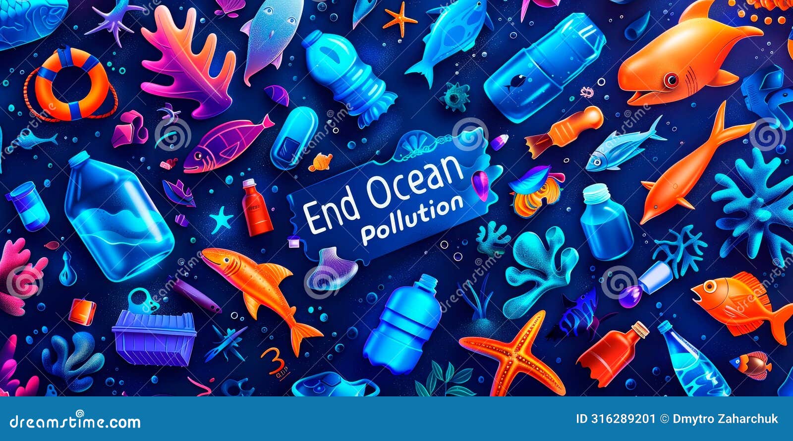 Pattern with Ocean Plastic Pollution Icons and End Ocean Pollution ...