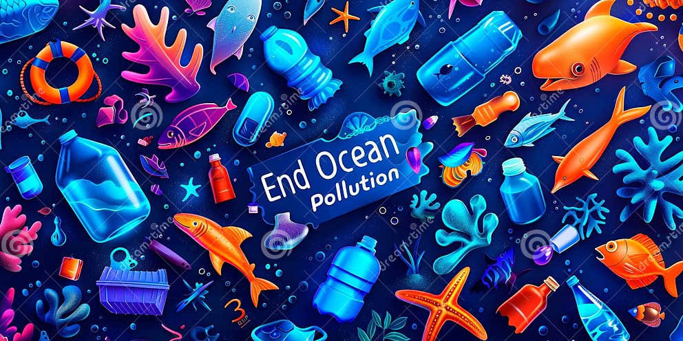 Pattern with Ocean Plastic Pollution Icons and End Ocean Pollution ...