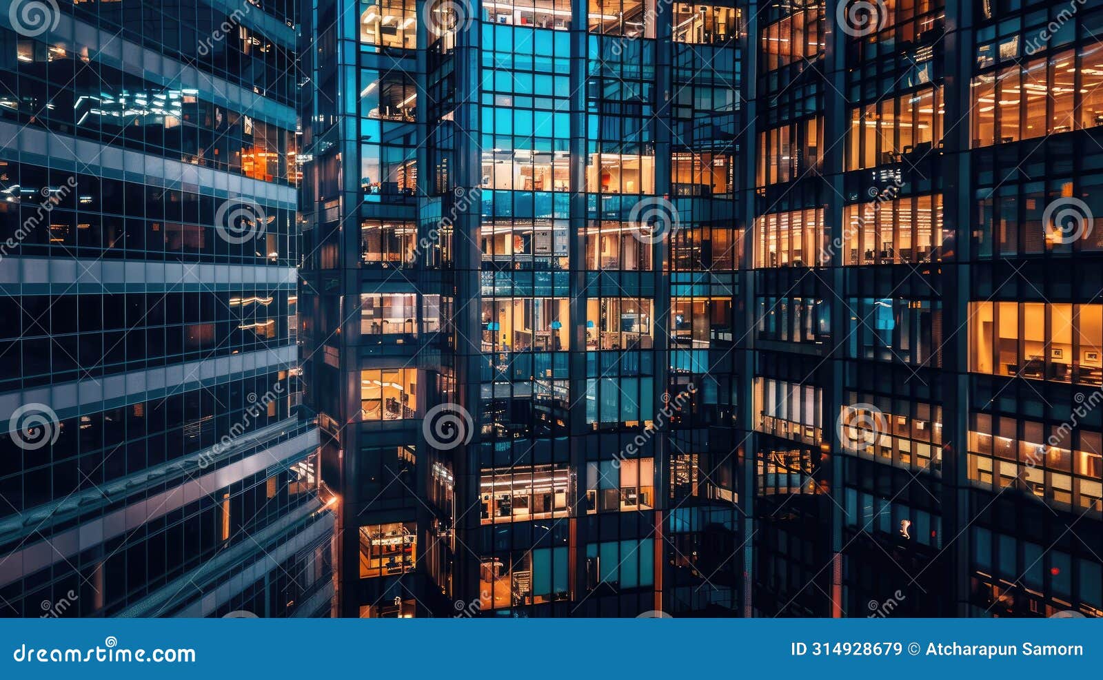 Pattern of Office Buildings Windows Illuminated at Night, Modern Office ...