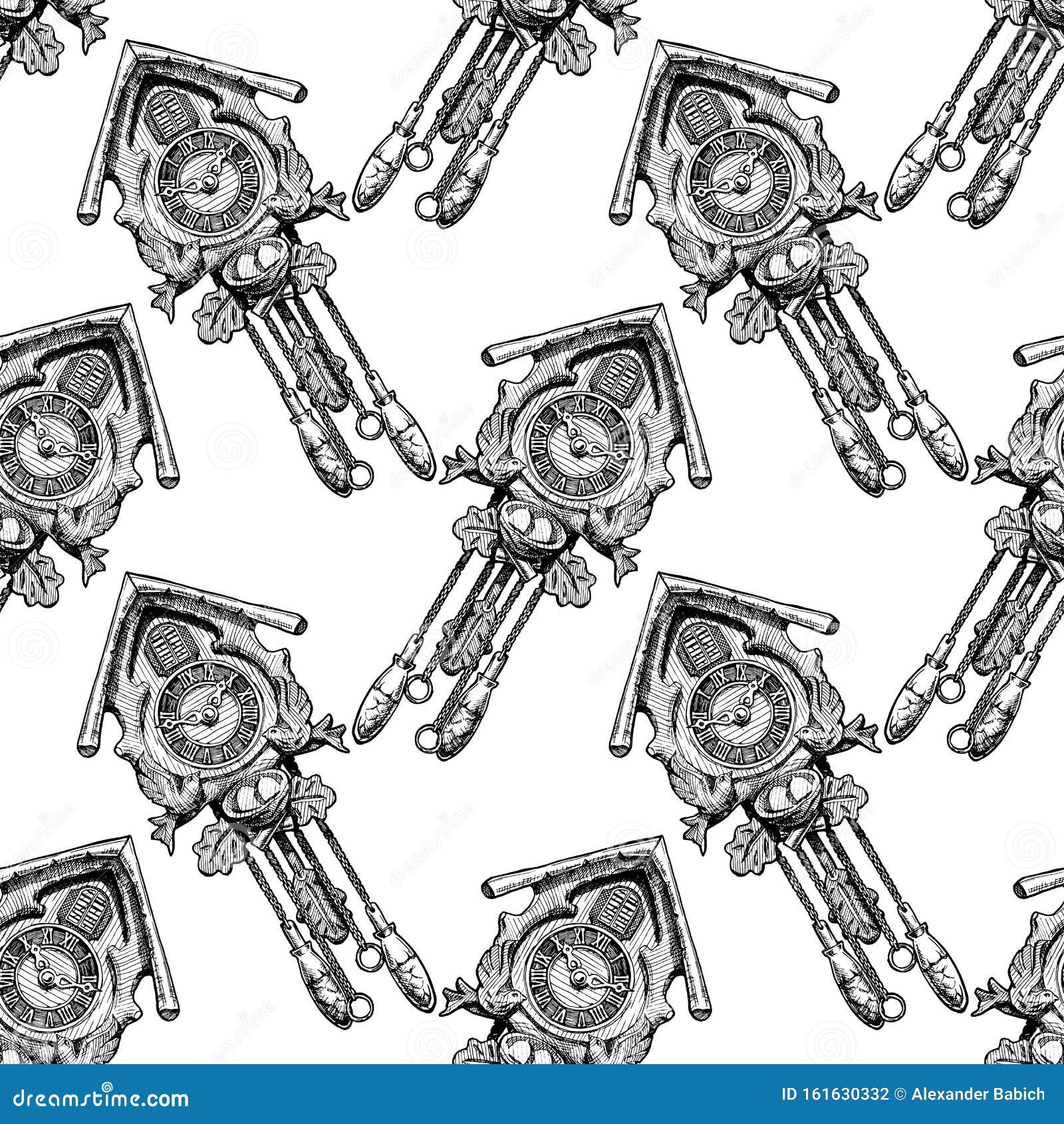 Pattern with Old Cuckoo Clock Stock Vector - Illustration of engraving ...