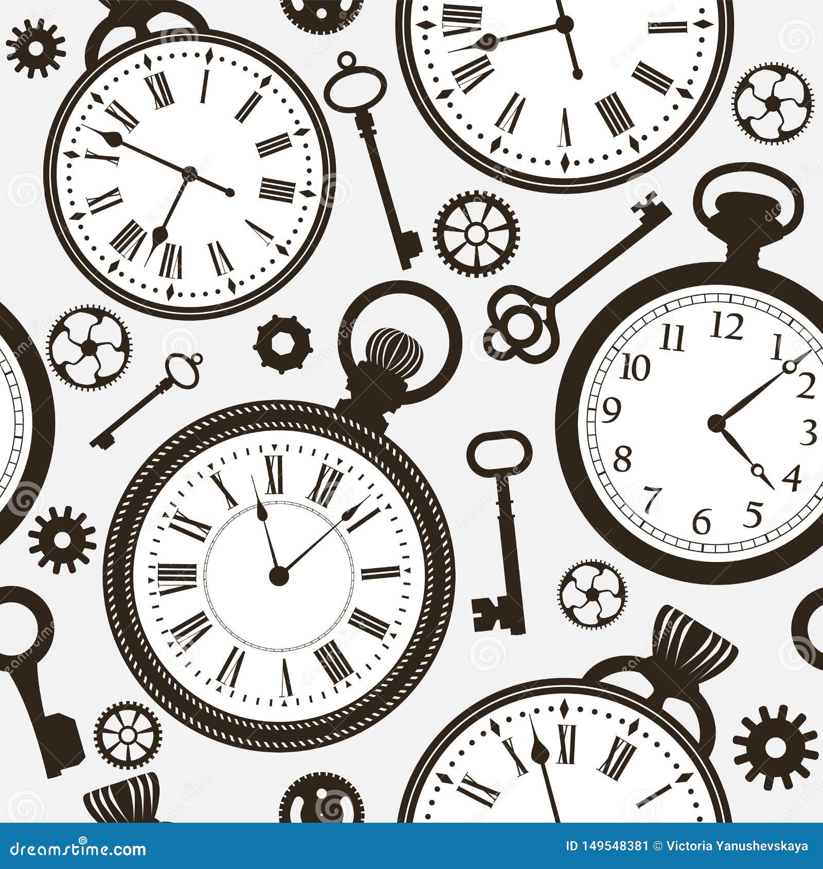 Pattern with Old and Modern Clock Faces and Keys. Stock Illustration ...