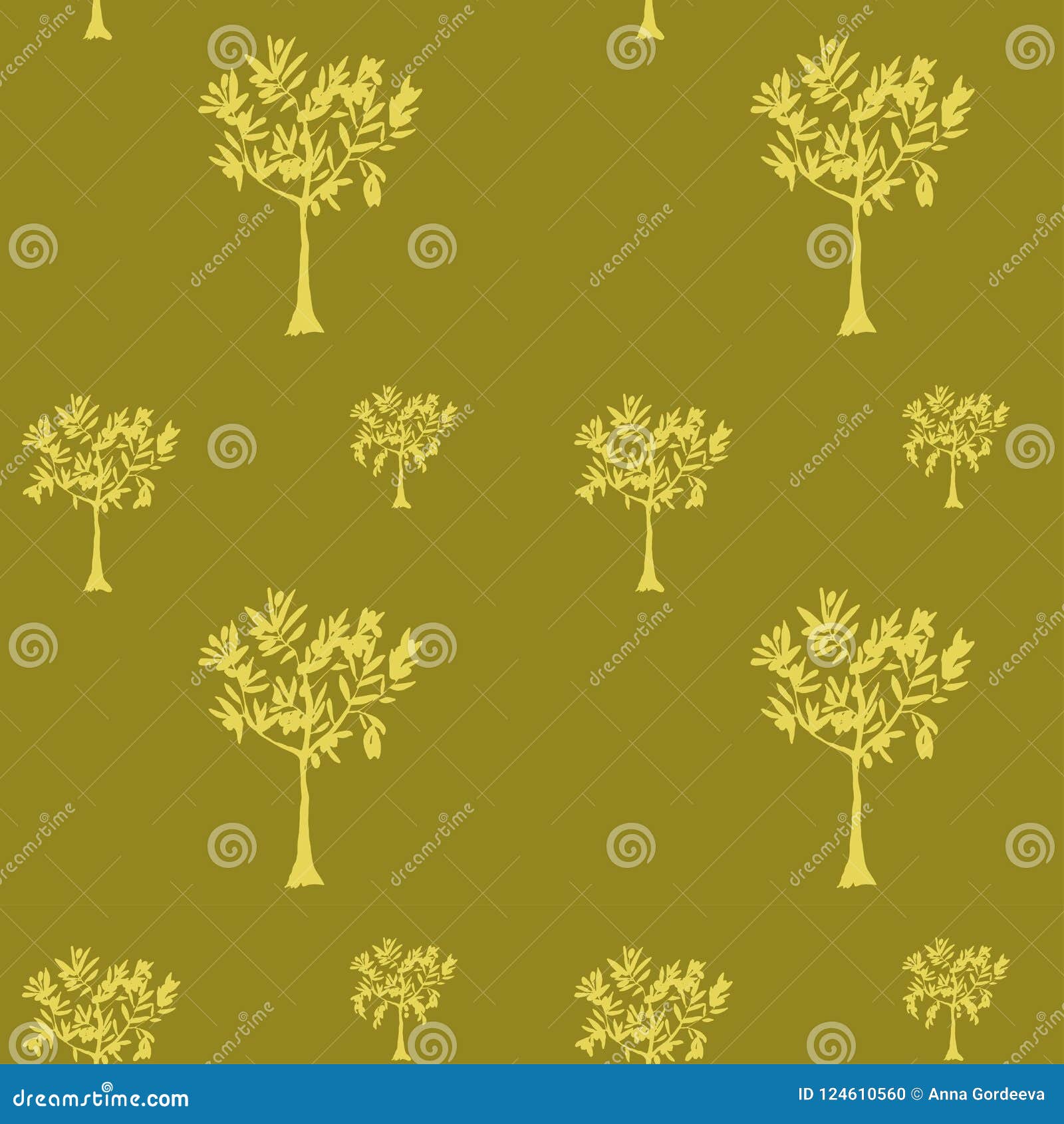 A Pattern of Olive Trees in Olive Tones. Vector Hand-drawn Illustration ...