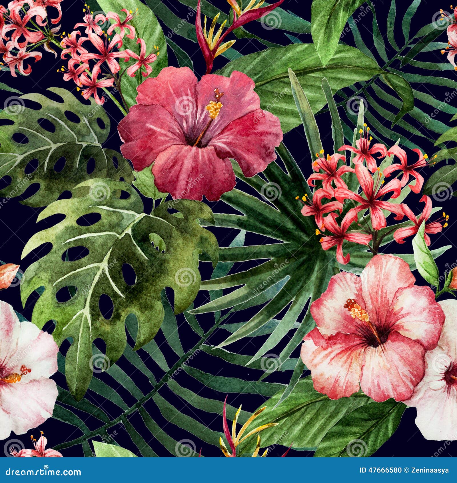 Pattern Orchid Hibiscus Leaves Watercolor Tropics Stock Illustration
