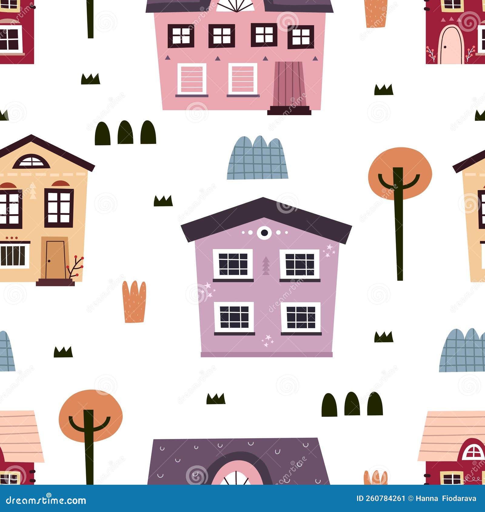 Seamless Pattern with Cartoon Houses, Tree, Decor Elements. Colorful ...