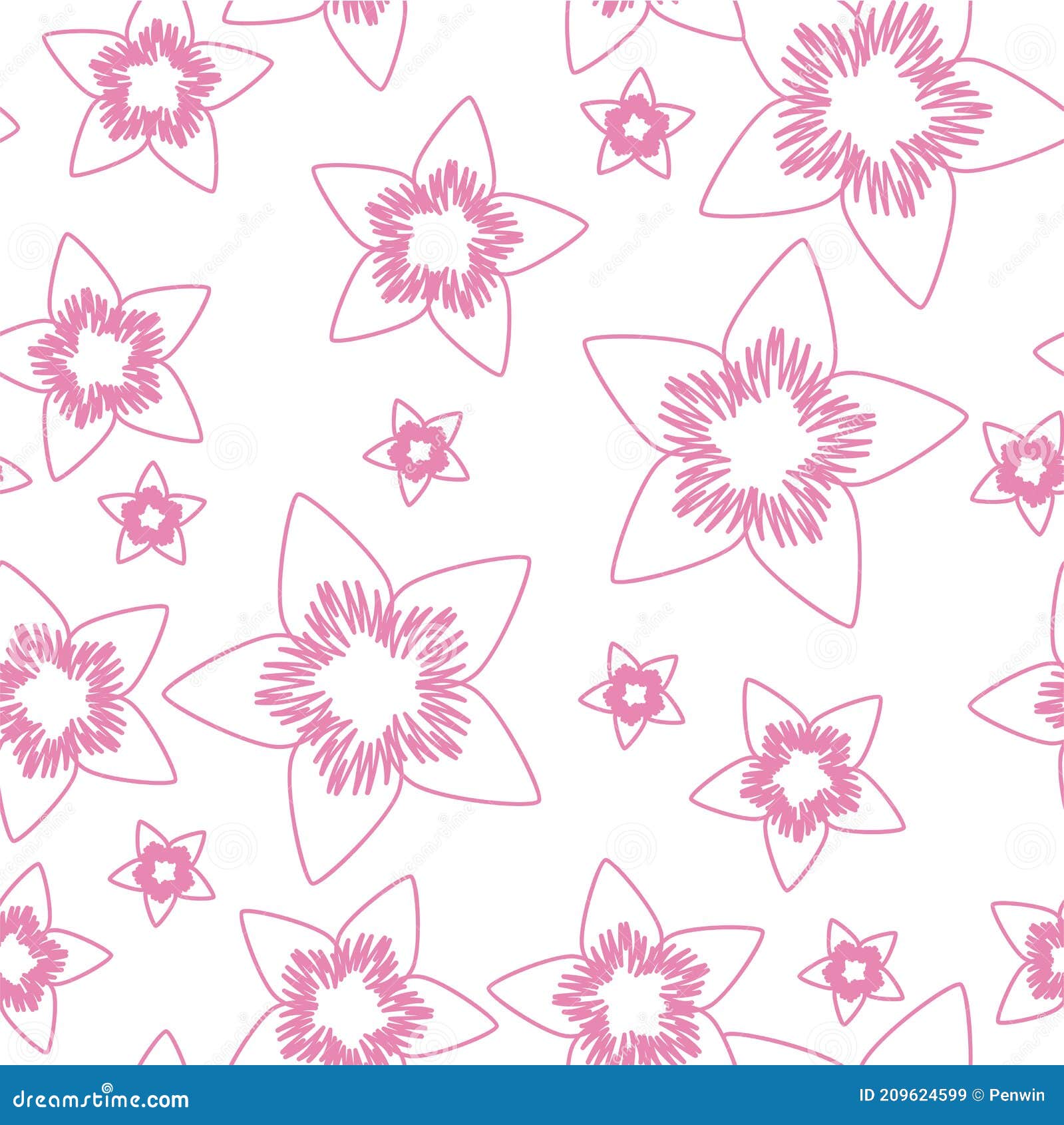 Pattern with Pink Cherry Flowers in Outlines Style, Vector Illustration ...