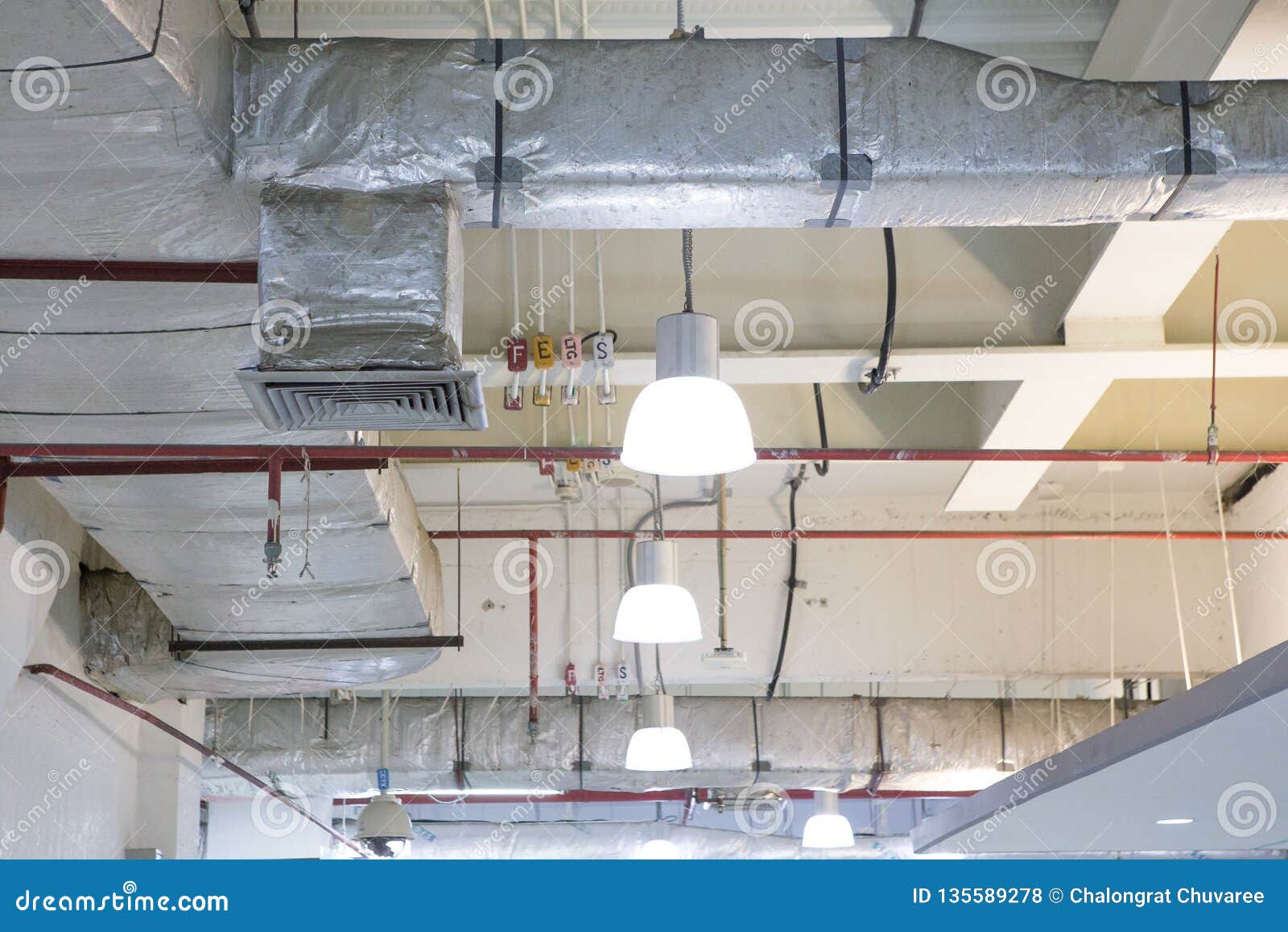 Pipes of Air Conditioning and Ceiling Electric System Stock Photo ...