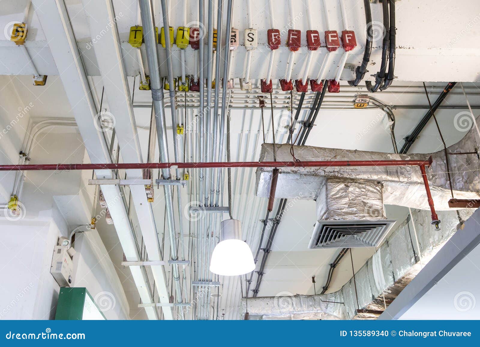 Pipes of Air Conditioning and Ceiling Electric System Stock Photo ...