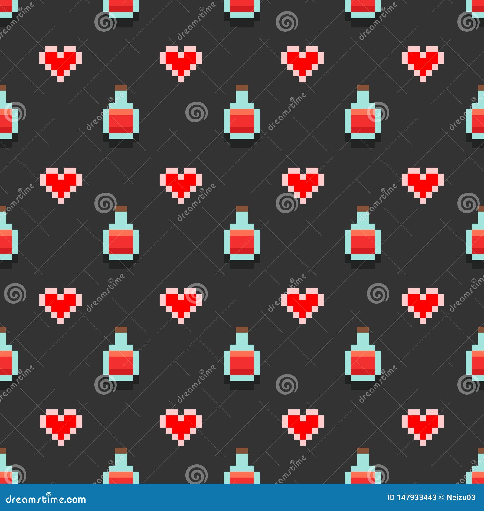 Pattern with Pixel Potions and Red Hearts Stock Illustration ...