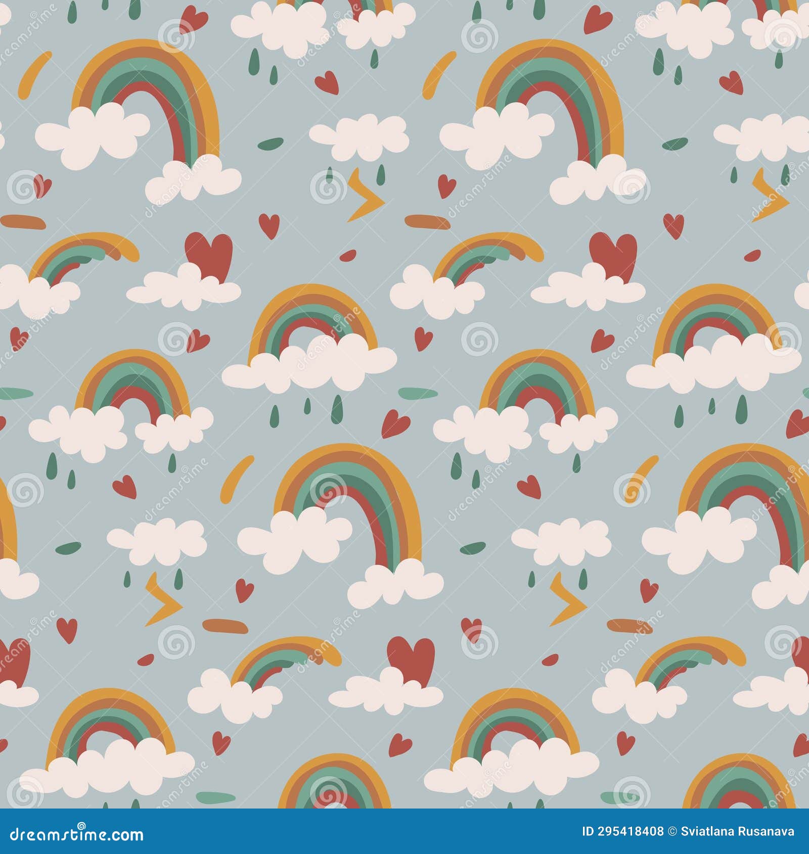 Pattern Rainbow, Cloud, Rain, Thunderstorm Blue Background. Rainbow Seamless Pattern, Cartoon ...