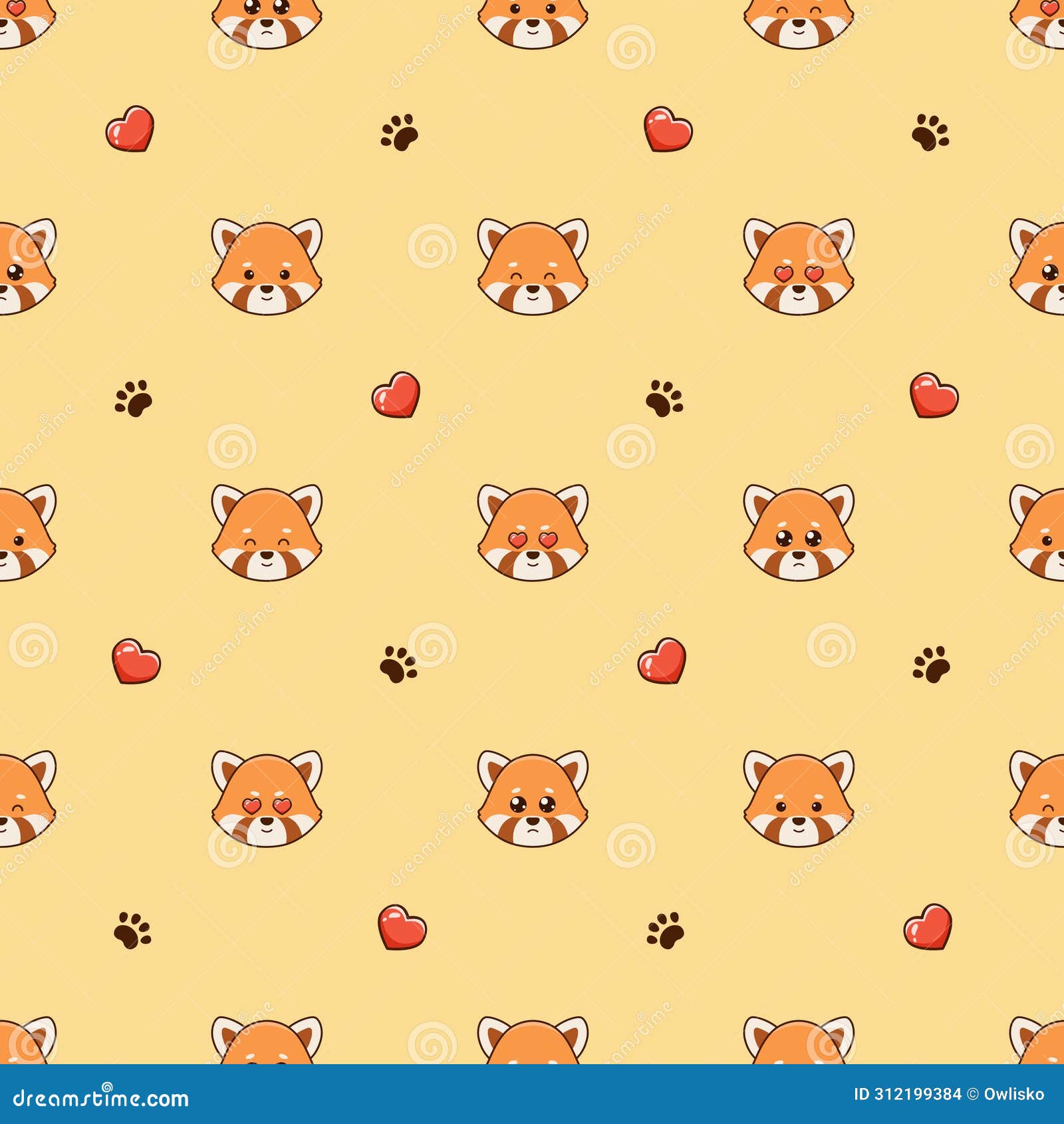Pattern with Red Pandas, Hearts and Footprints Stock Vector ...