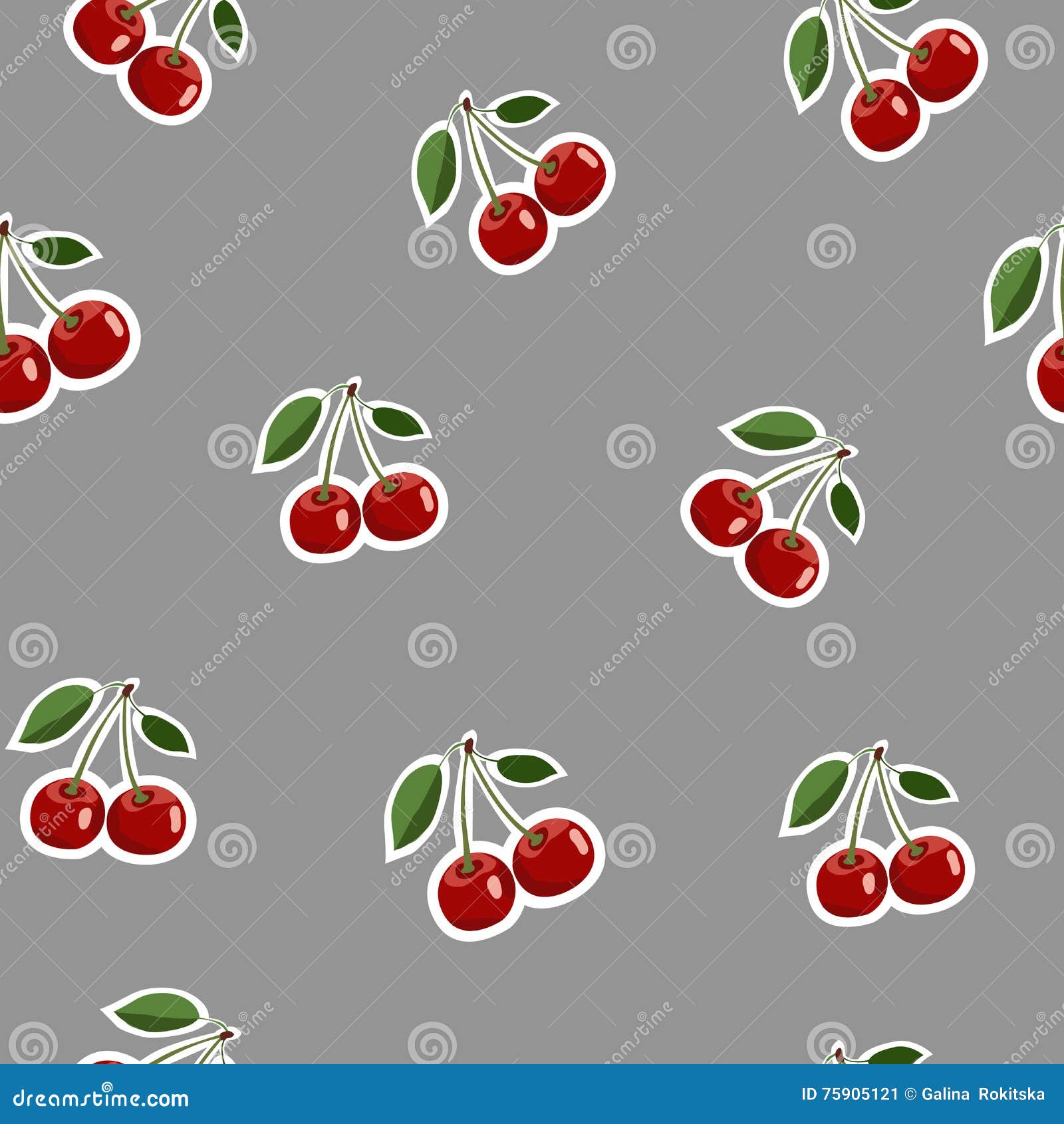 Pattern of Red Small Cherry Stickers Same Sizes with Leaves on Gray ...