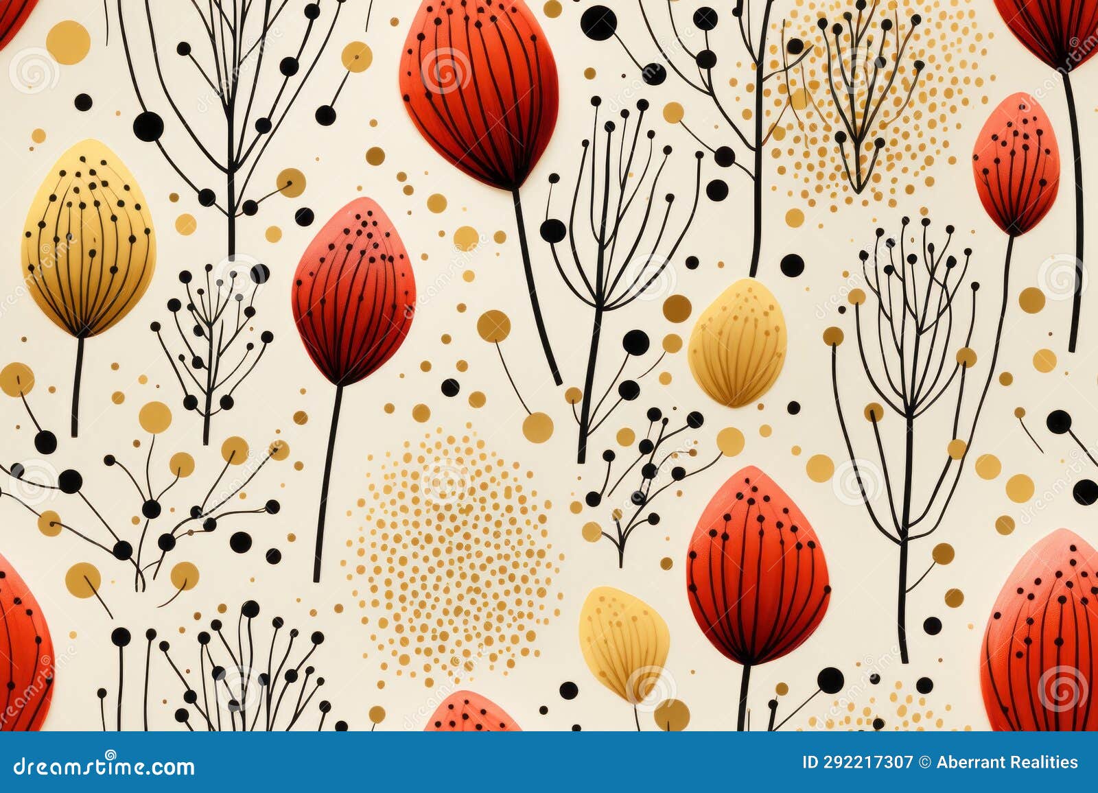 A Pattern with Red Yellow and Black Flowers on a Beige Background Stock ...