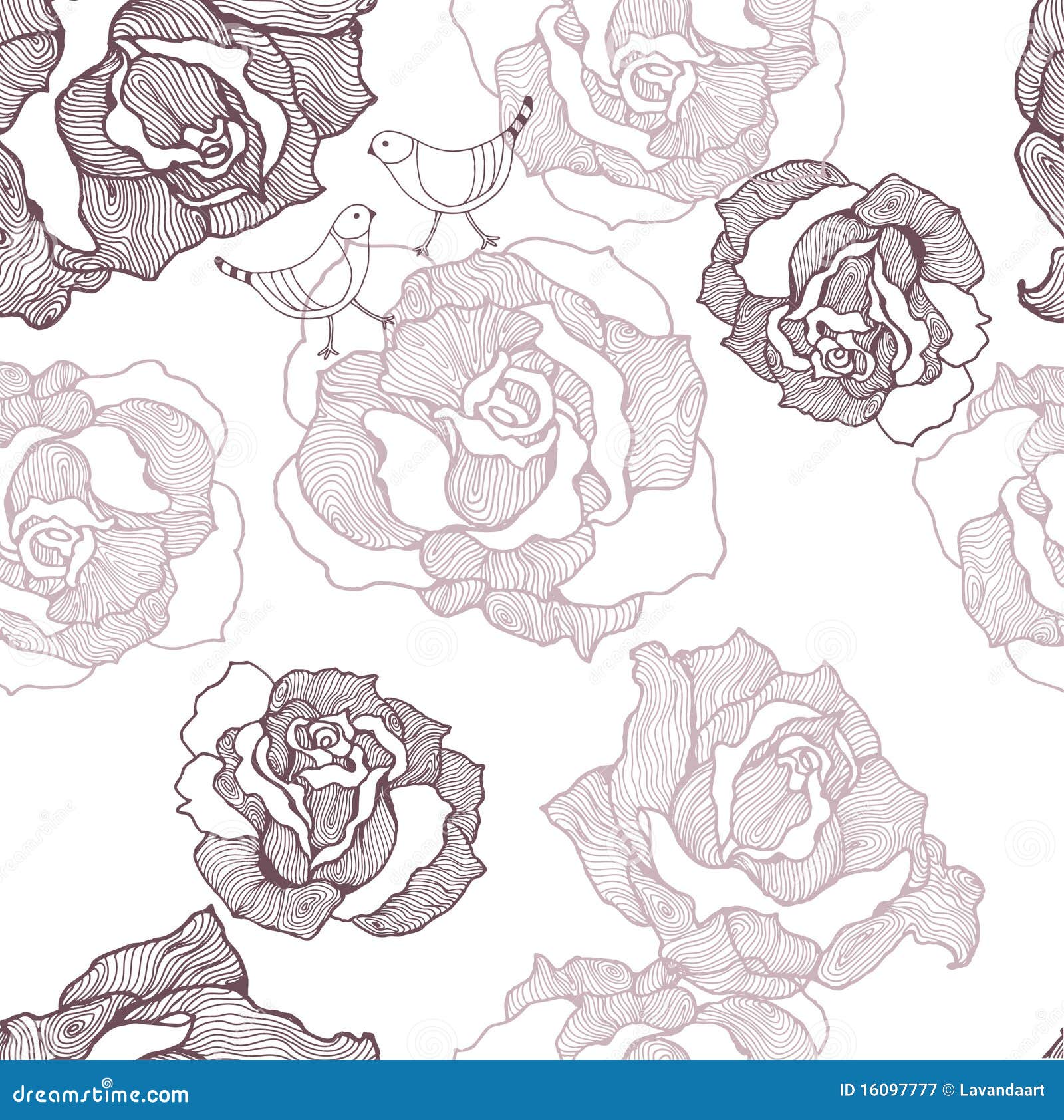 Pattern with Roses and Birds Stock Illustration - Illustration of white ...