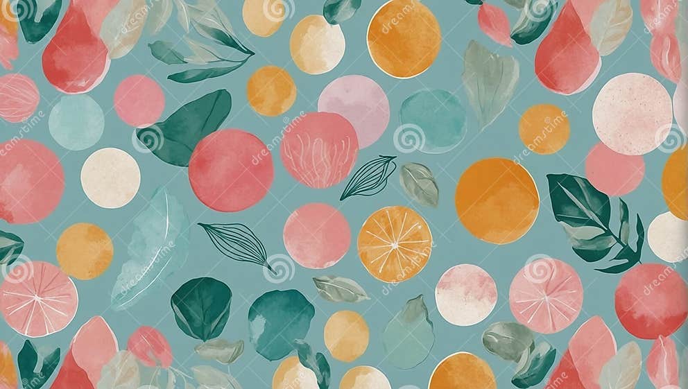 Watercolor Pattern with Round Fruits and Green Leaves on Blue ...