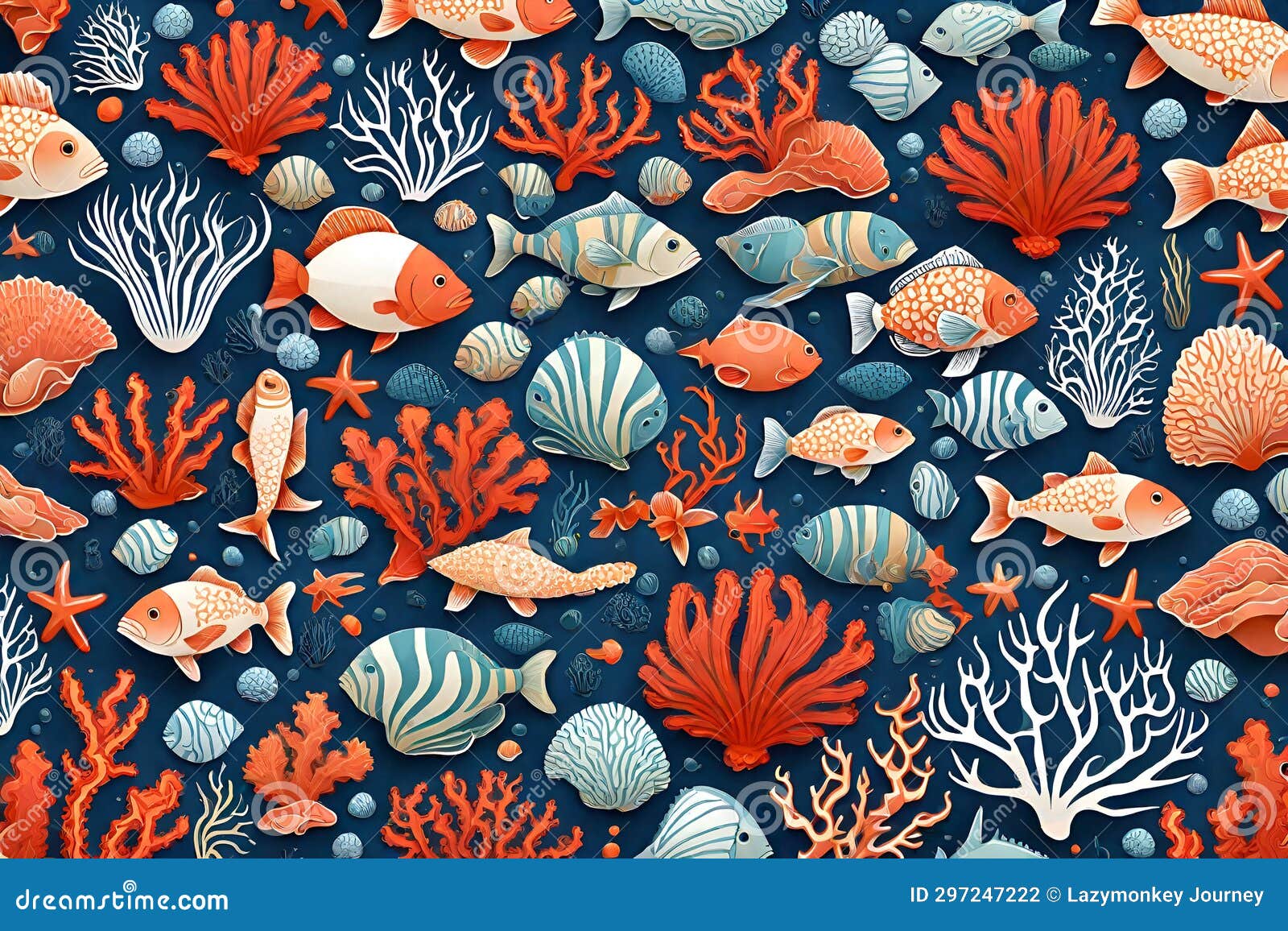 Pattern with Sea Creatures, Fish, Sea Shell, Corals, Starfish Stock ...
